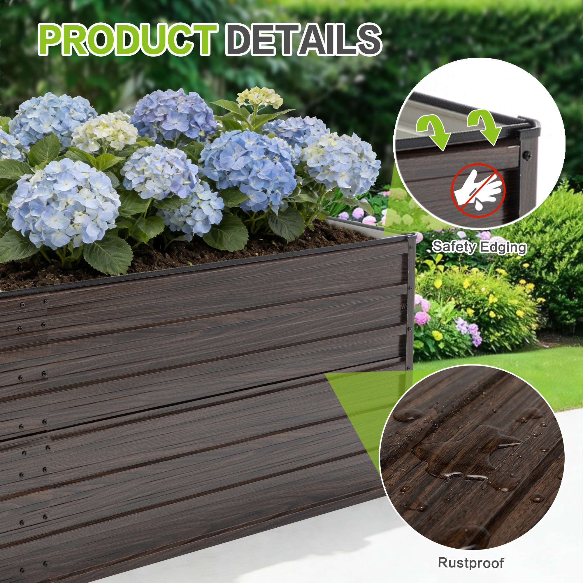 WOQWOQ 8x4x2FT Woodgrain Galvanized Raised Garden Bed Outdoor Planter ...