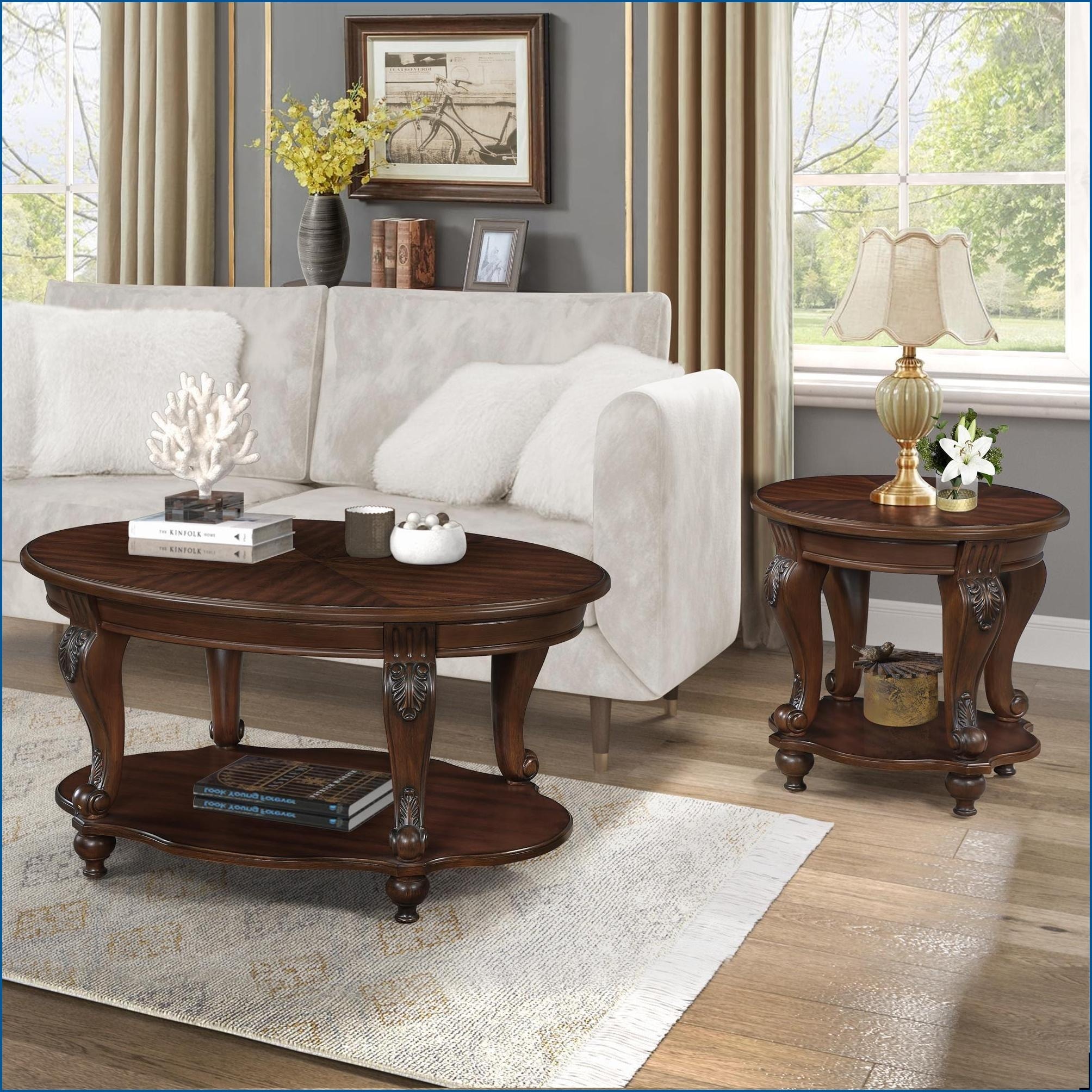 Watnature 42'' Oval Distressed Coffee Table 2 Tier Solid Rubber Wood ...