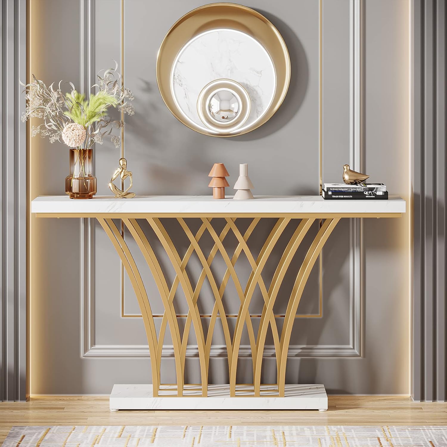 LOVMOR 59inch Gold Console Table Modern Faux Marble Entryway Table with ...