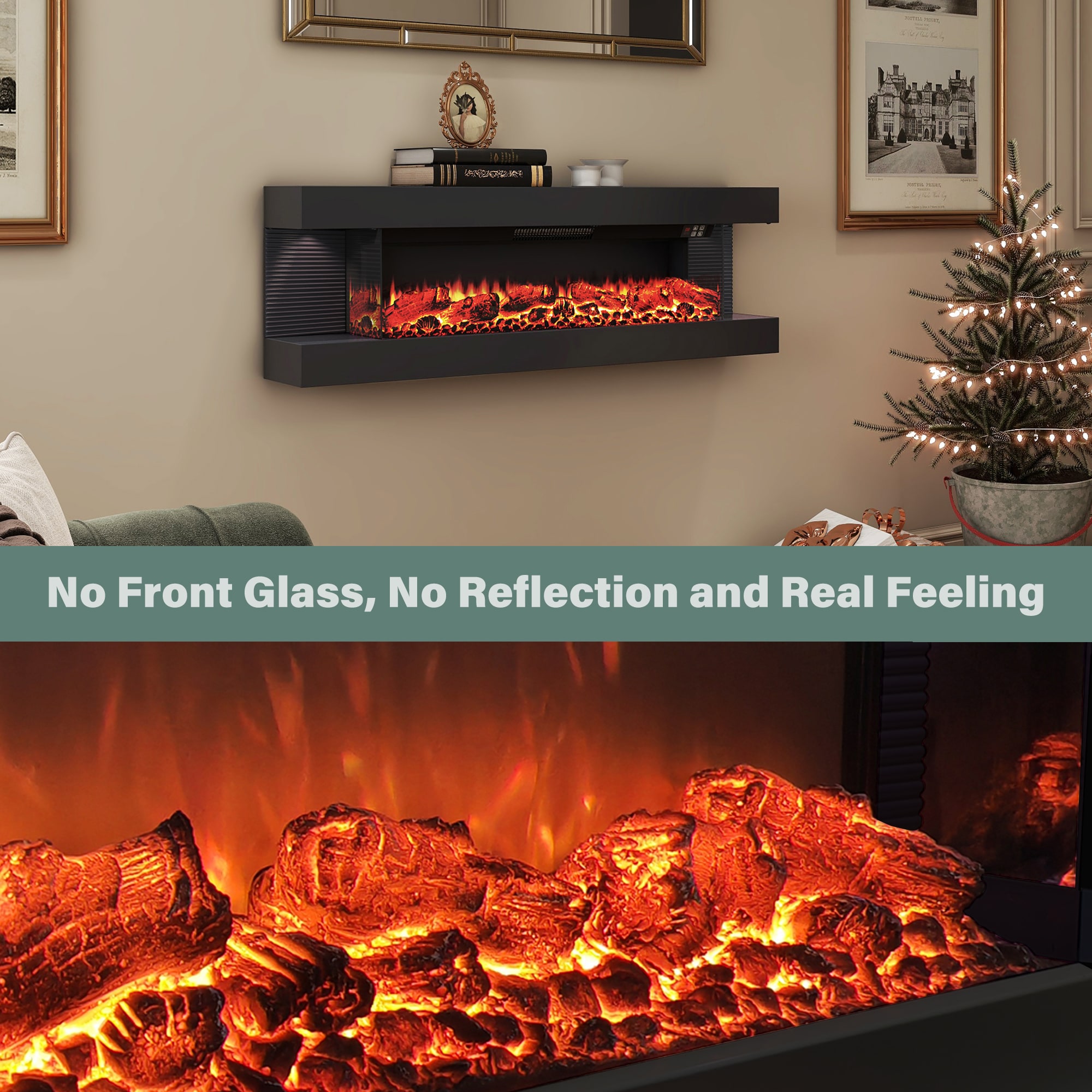 Mondawe 50-in W Black-3 Sided Wall mount Fan-forced Electric Fireplace ...