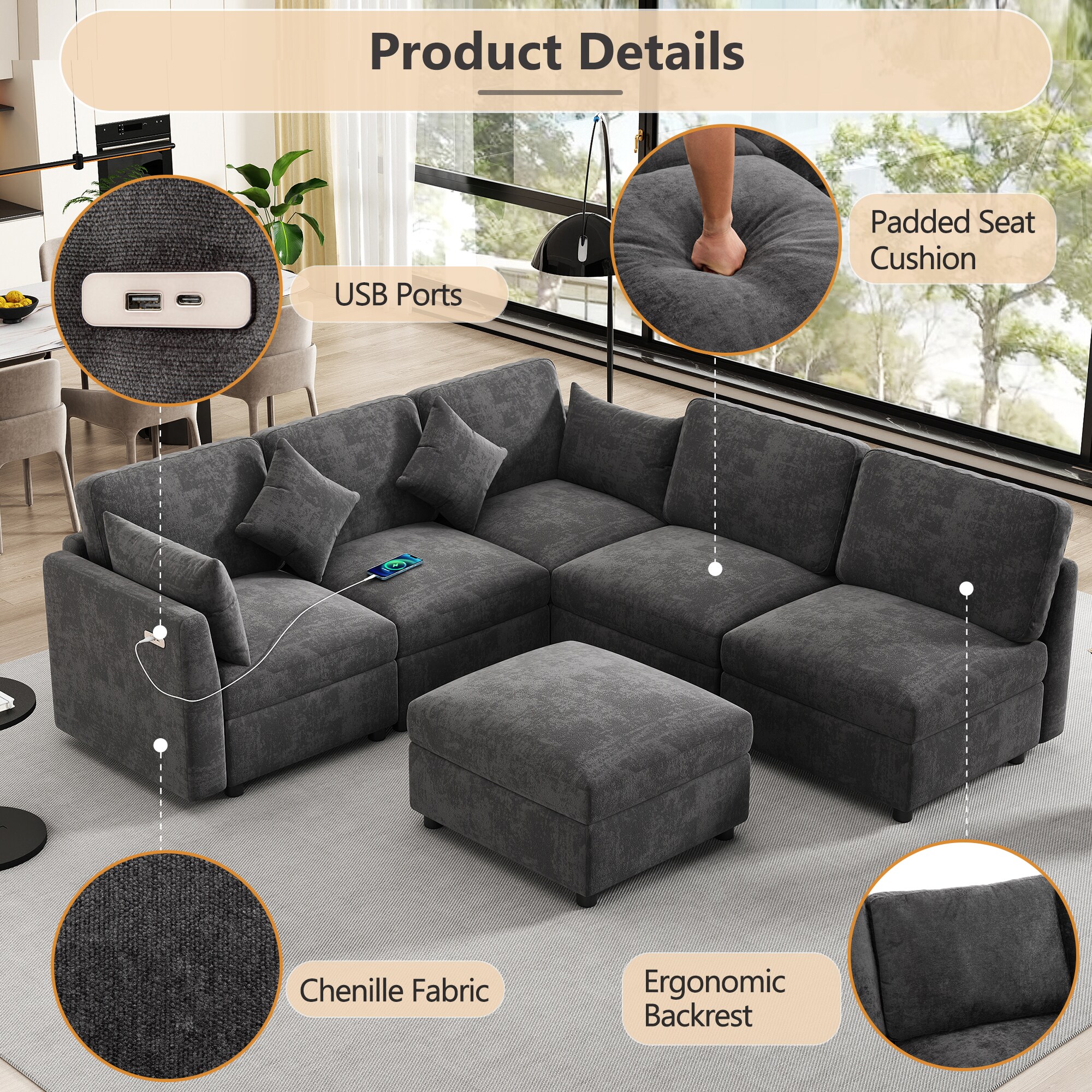 ModernLuxe Assembly Required 86.6inch Sectional Sofa Modular Sofa ...