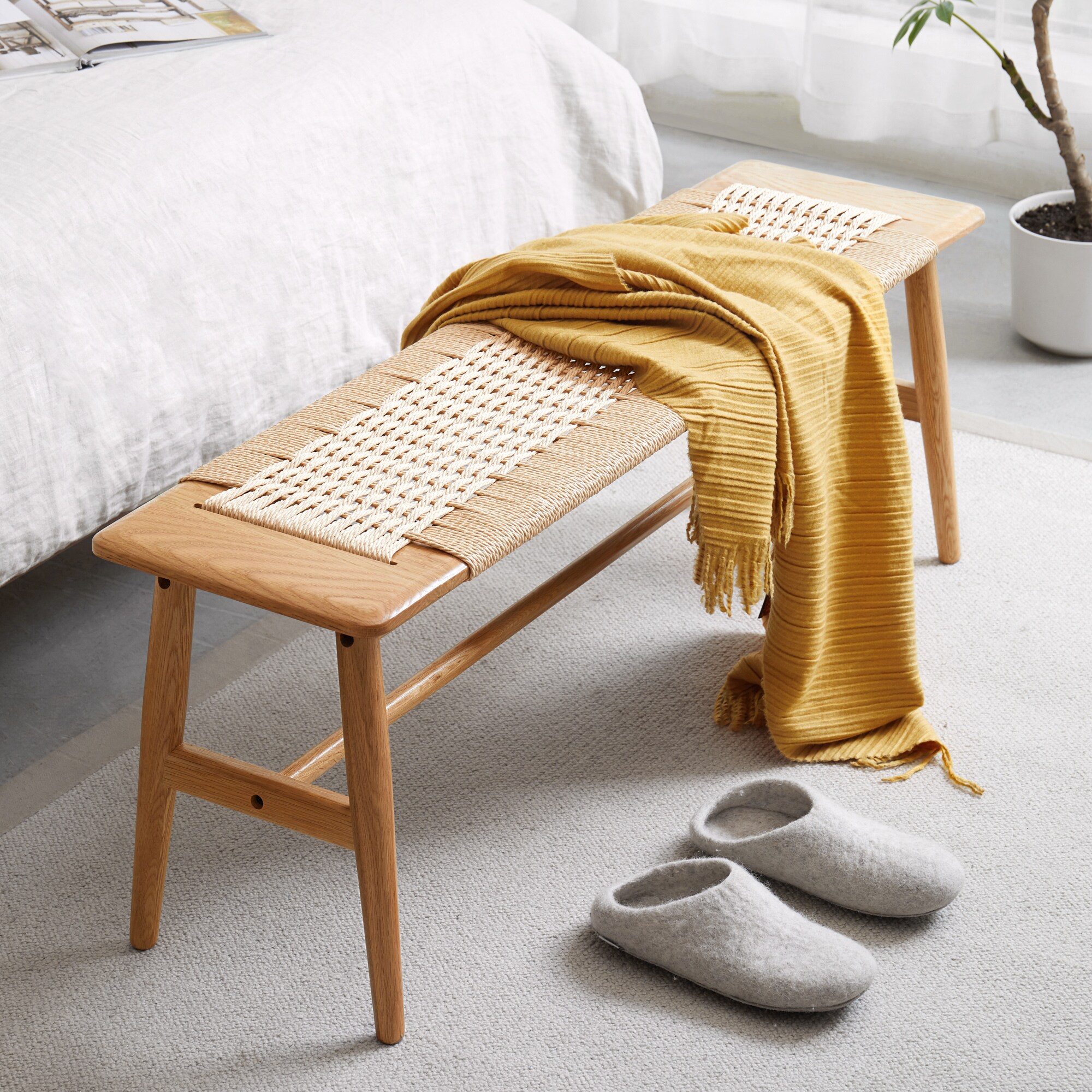 FurniFusion Natural Farmhouse Oak Accent Bench 31.5-in x 11.82-in x 15. ...