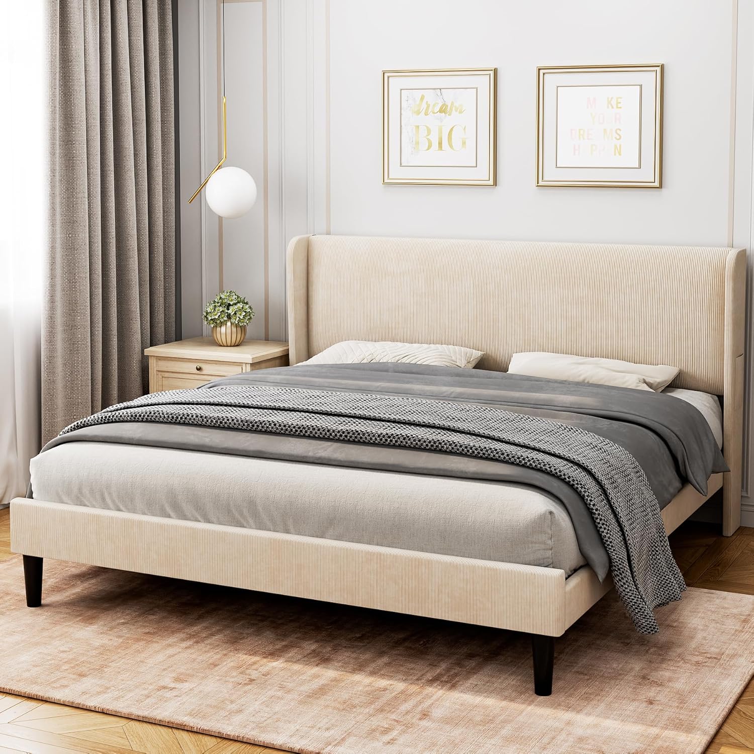IdealHouse Full Size Beige Upholstered Platform Bed Frame With Wingback ...