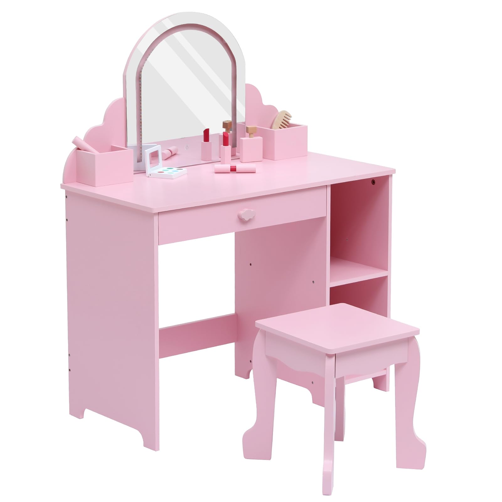 Garvee Wooden Princess Vanity Desk with Mirror and Lights Toddler ...