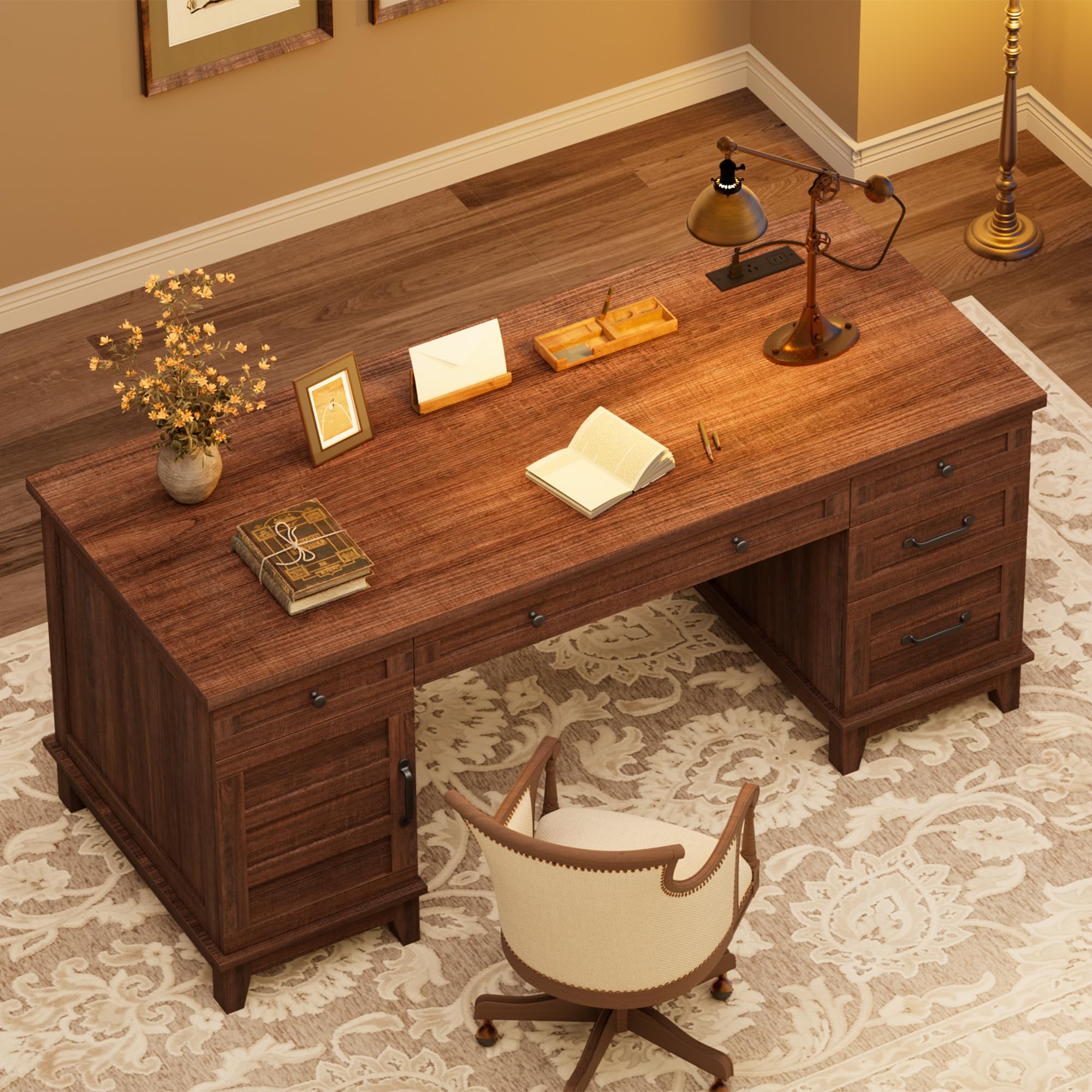 GarveeLife Farmhouse 60in Wooden Home Office Desk with File Drawers ...