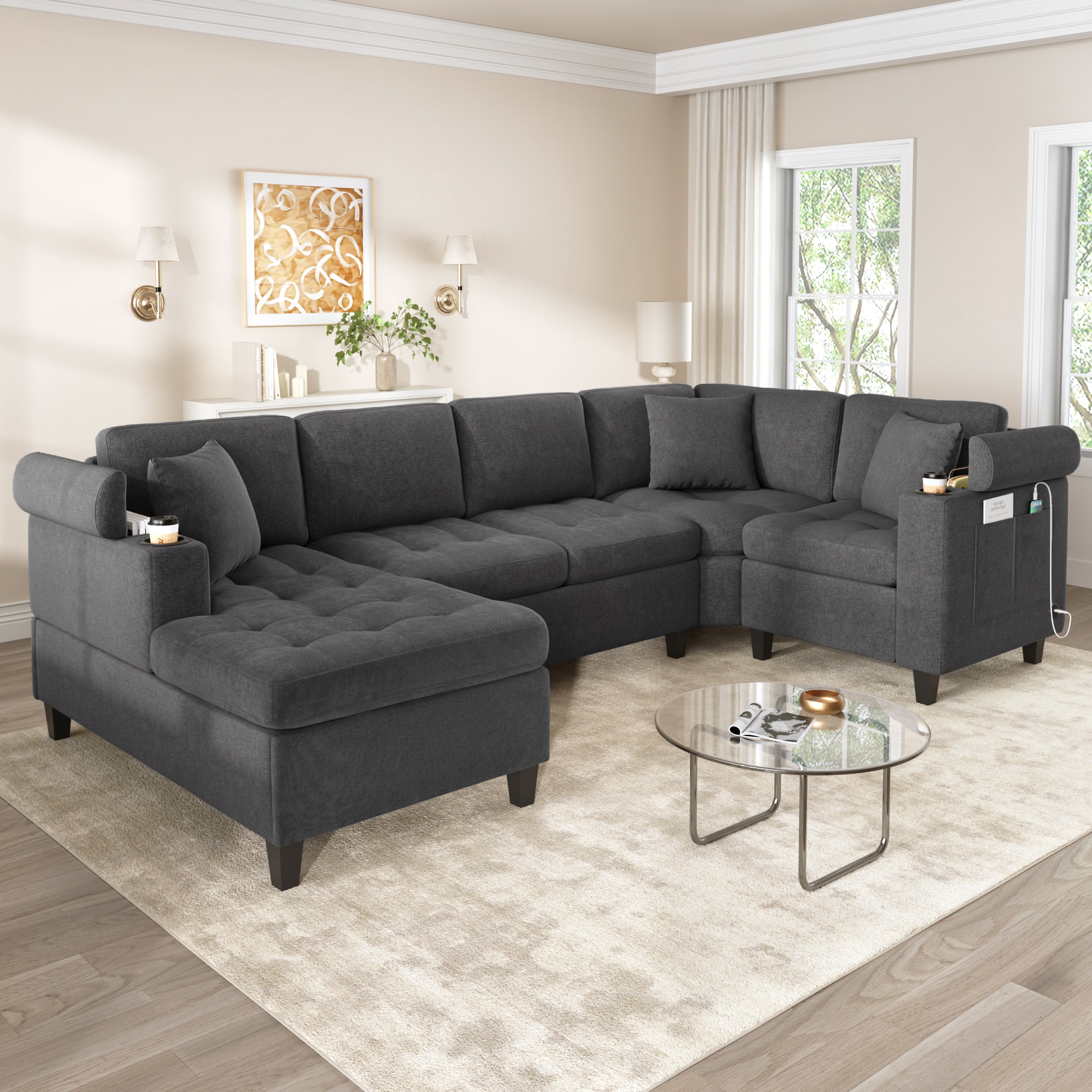 LOVMOR Grey 116 Inch Modern U shaped Corner Sectional Sofa with Cup Holders Storage USB Ports in ...