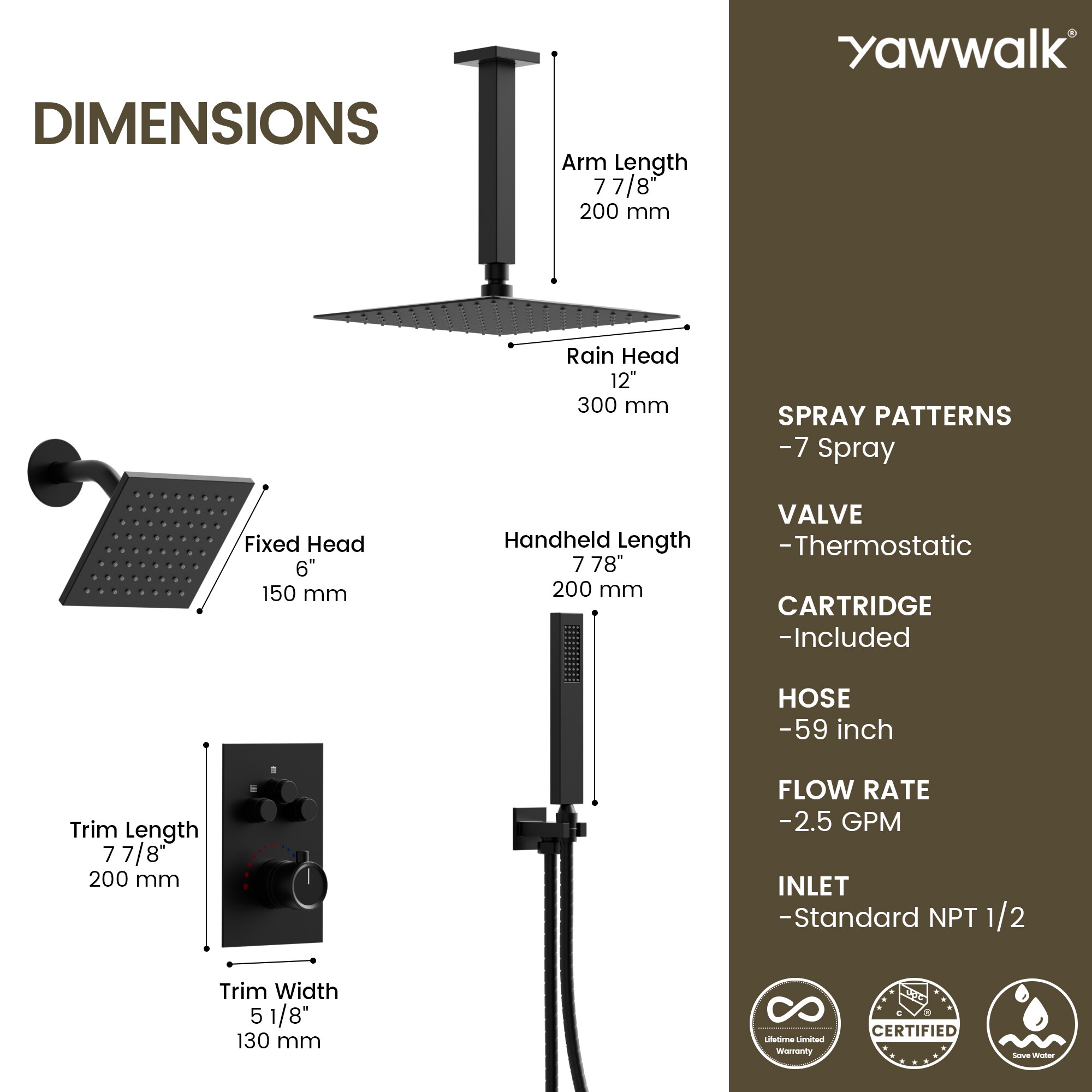 YAWWALK 7 Spray 12 in Thermostatic Anti Scald Rain Shower System with ...