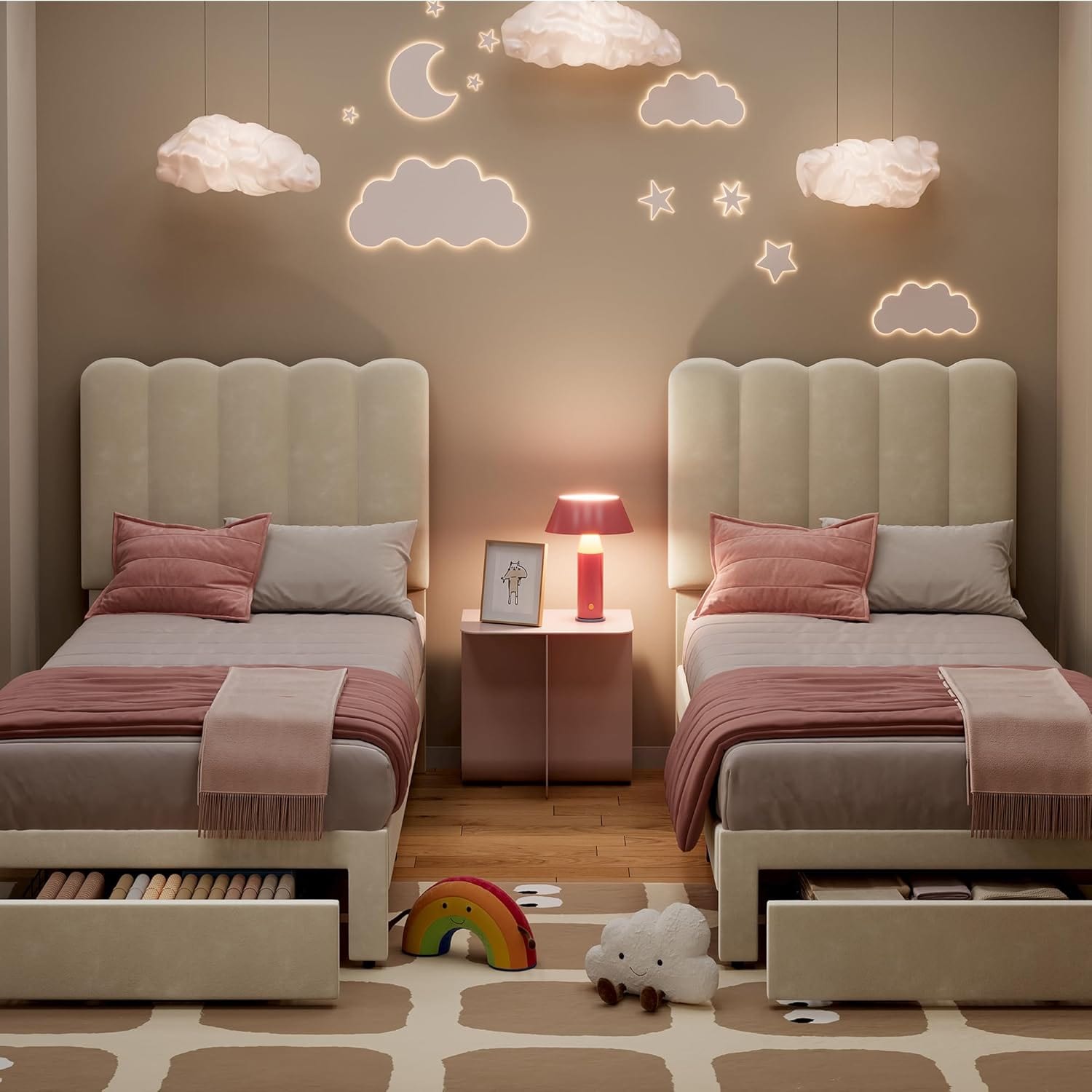 Garvee 2 Sets Twin Bed Frame with Under-Bed Drawer Upholstered Platform ...