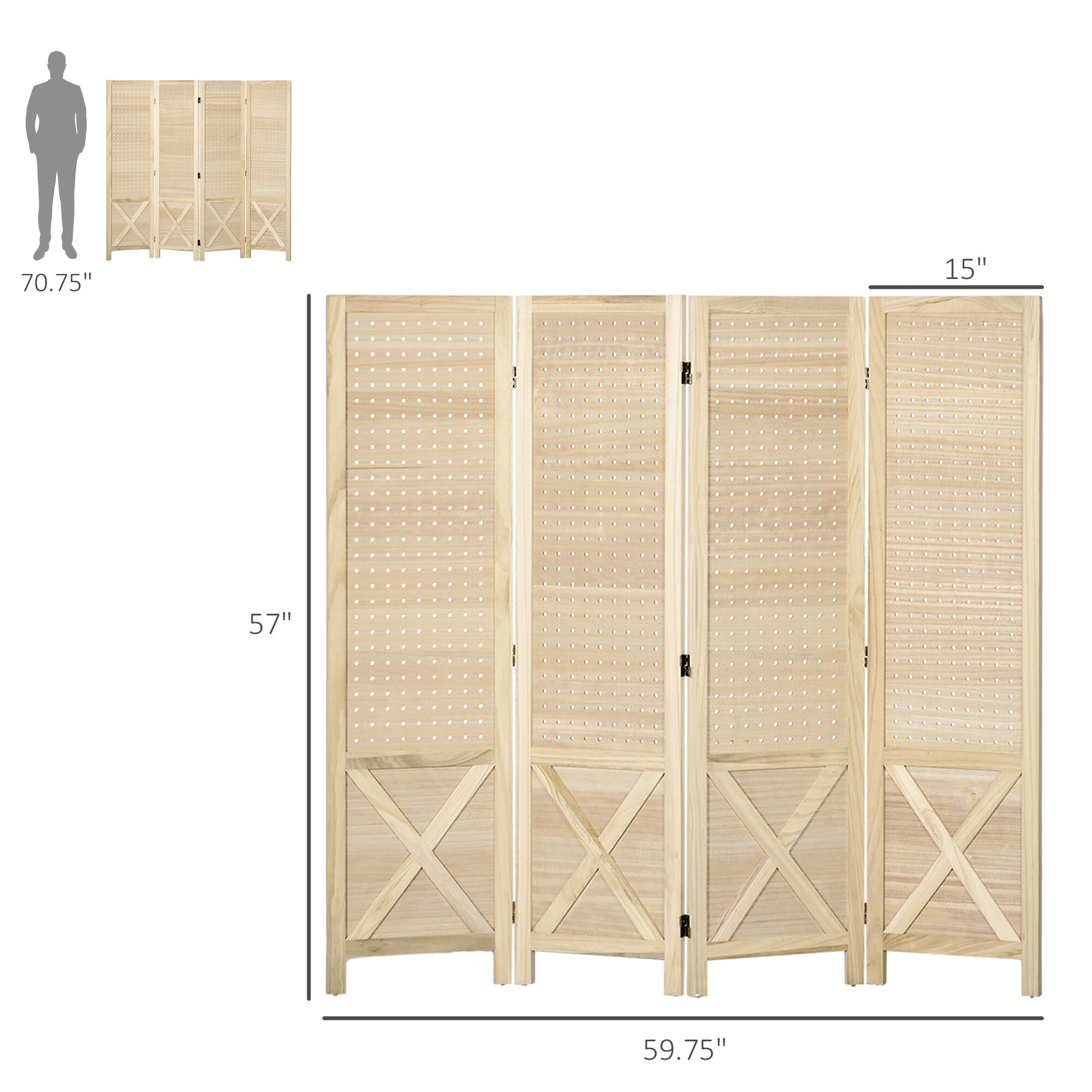 HomCom 4 Panel Pegboard Display Room Divider 4.7 Tall Wood Folding ...