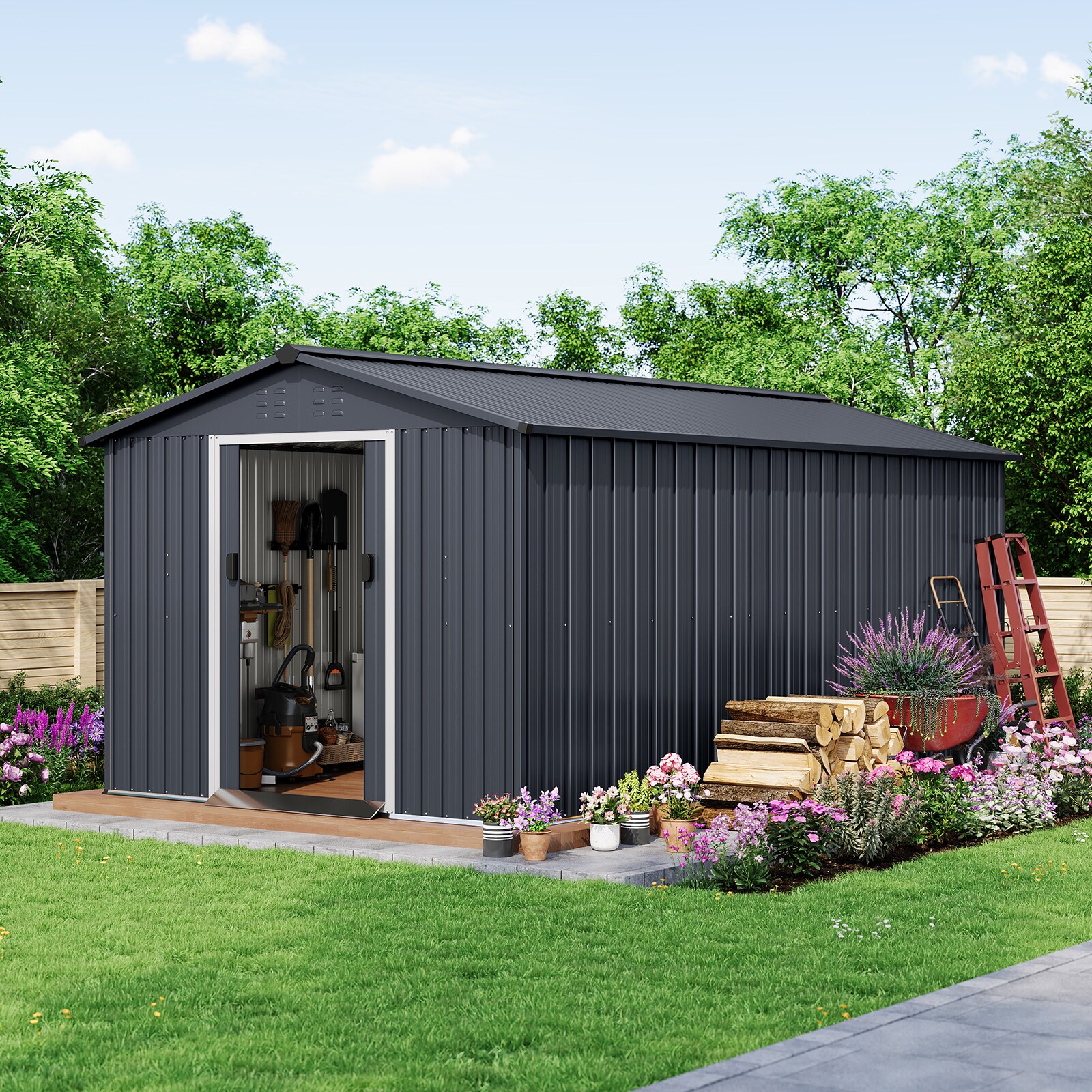 IdealHouse Galvanized Steel Utility Shed 8x15 ft Dark Grey Sloping Roof ...