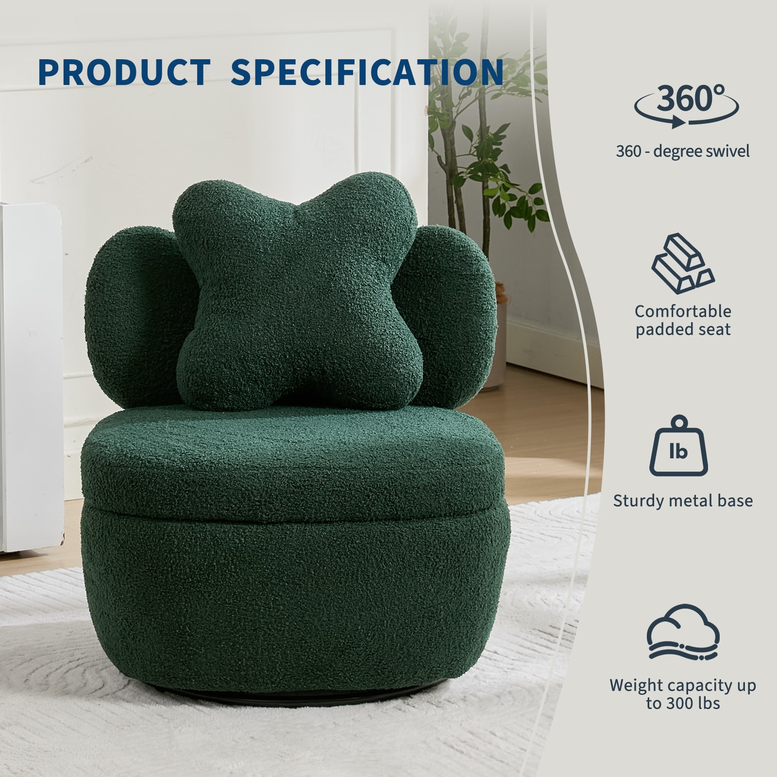 Assile Green Teddy Velvet Swivel Accent Chair with Heart Shaped ...