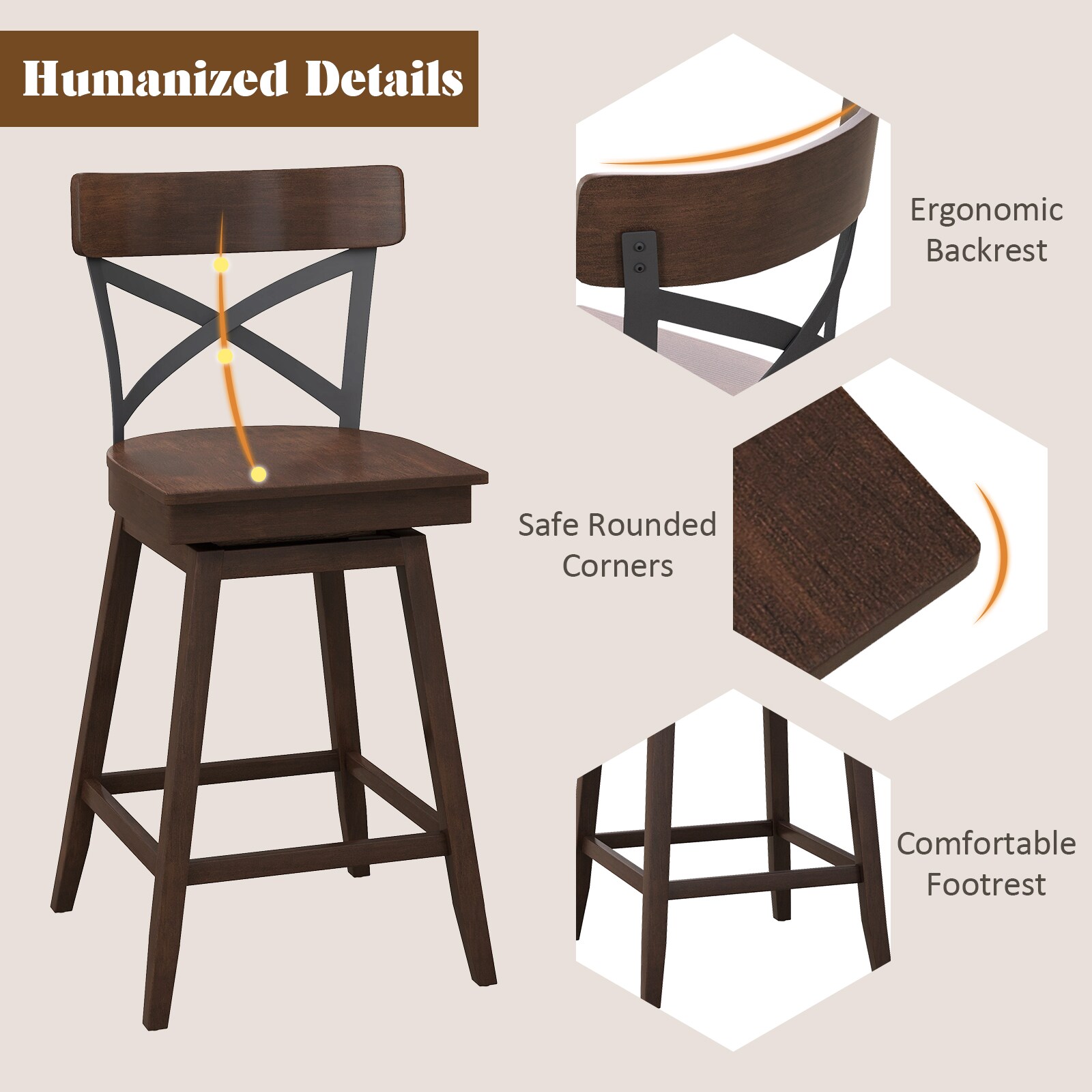 SUGIFT Set of 2 Swivel Counter Height Bar Stools with Open X Back - 24 ...