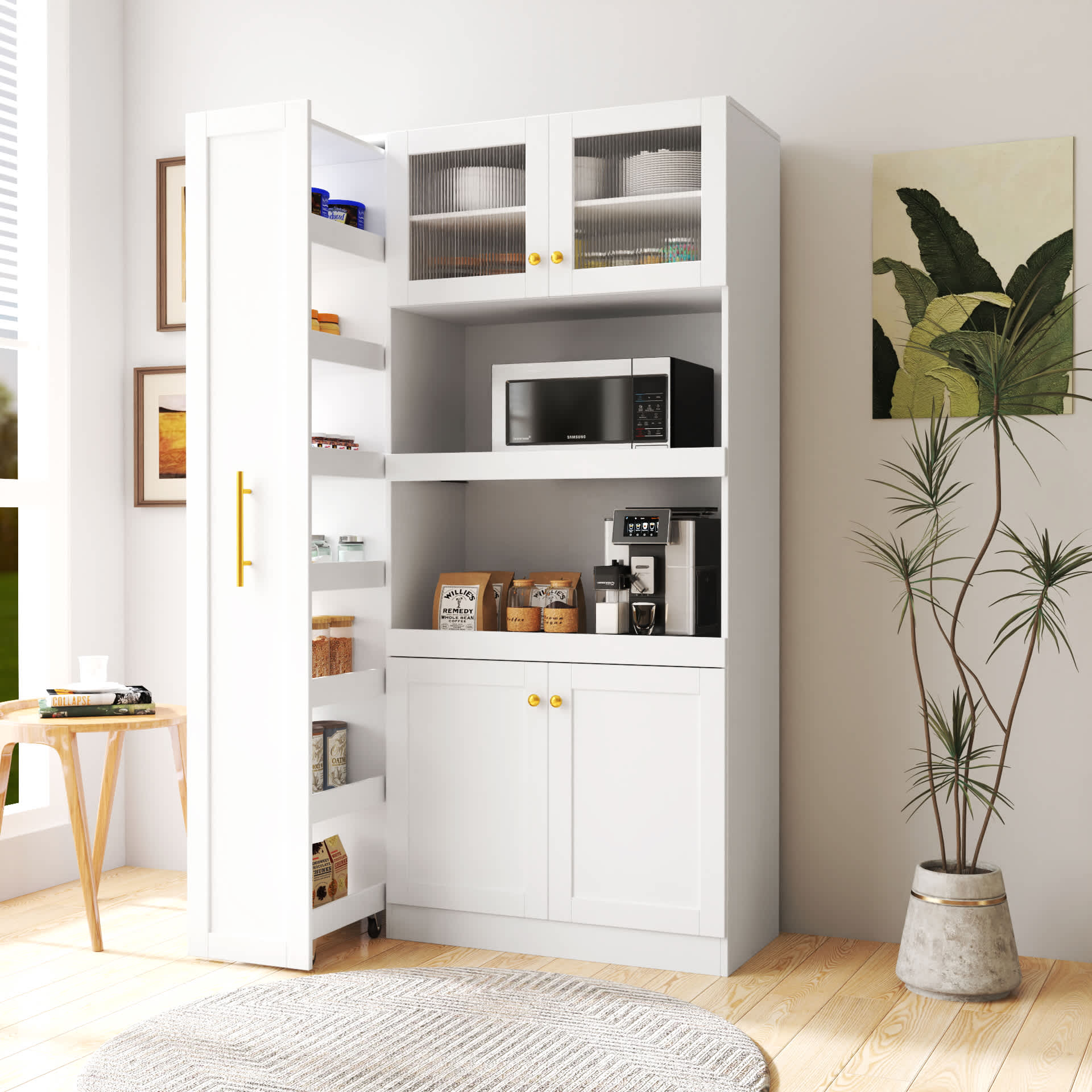 Vynxaria White Farmhouse Pantry Cabinet 4 Doors Pull Out Multi Tier ...