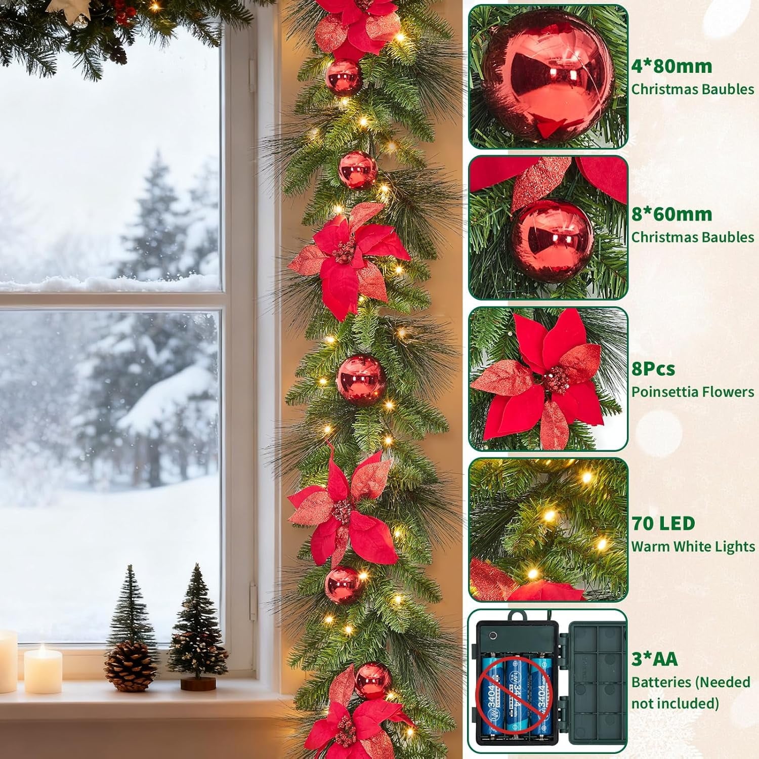 Garvee 9ft Pre-Lit Artificial Christmas Garland with 70 Warm White LED ...