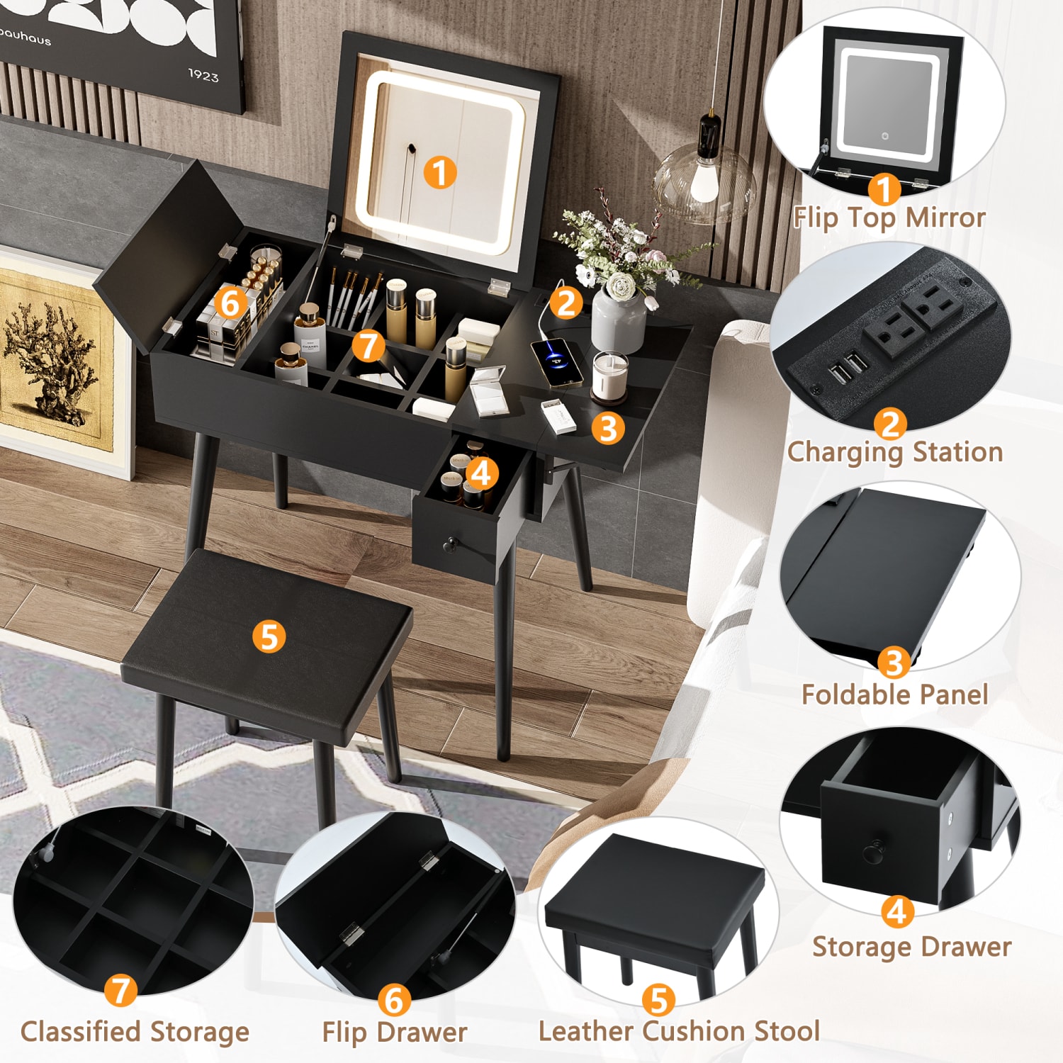 Wooakway Black Wood Dresser Table with Flip Top Mirror LED Light ...