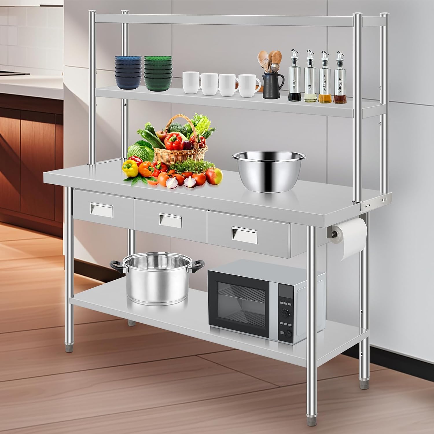 GAOMON 72 Inx24 In Stainless Steel Work Table with Overshelf and 3 ...