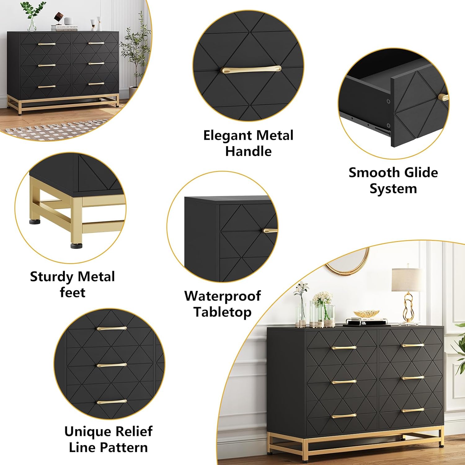 WhizMax Modern Black Wood Dresser With 6 Drawers Multi Function Storage ...