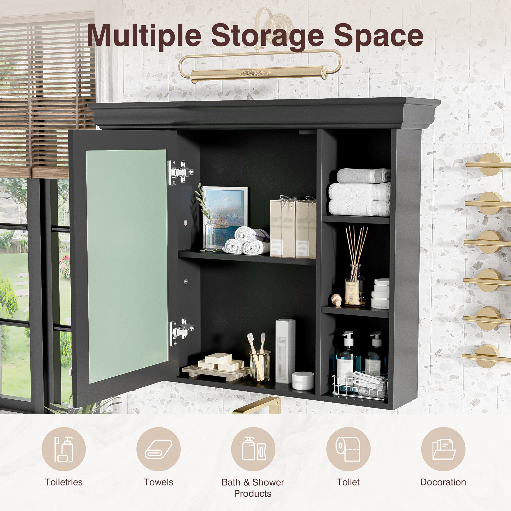 GDFStudio 35 x 28 Inch Black Wall Mounted Bathroom Storage Cabinet with ...