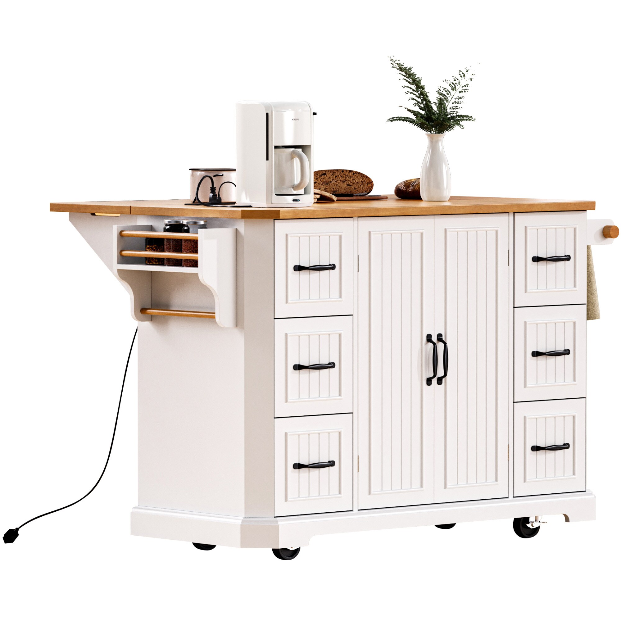 Oaks Decor White MDF Kitchen Island with 6 Drawers and Power Outlet(56 ...