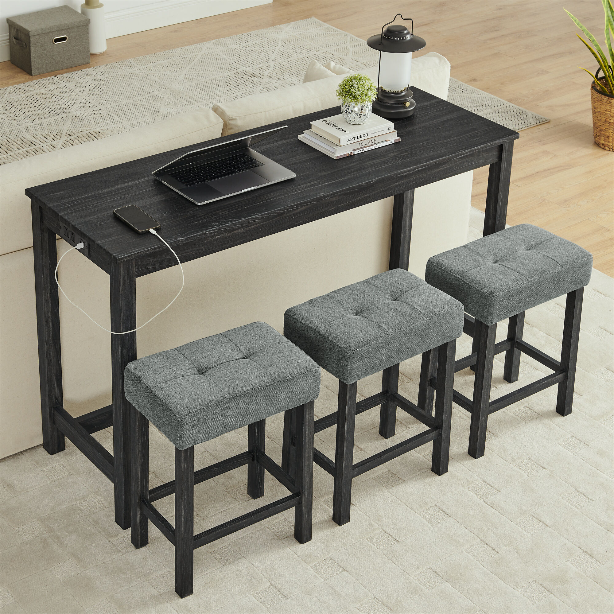 JEAREY 4 Piece 59 Inch Bar Table Set with Power Outlet and 3 ...