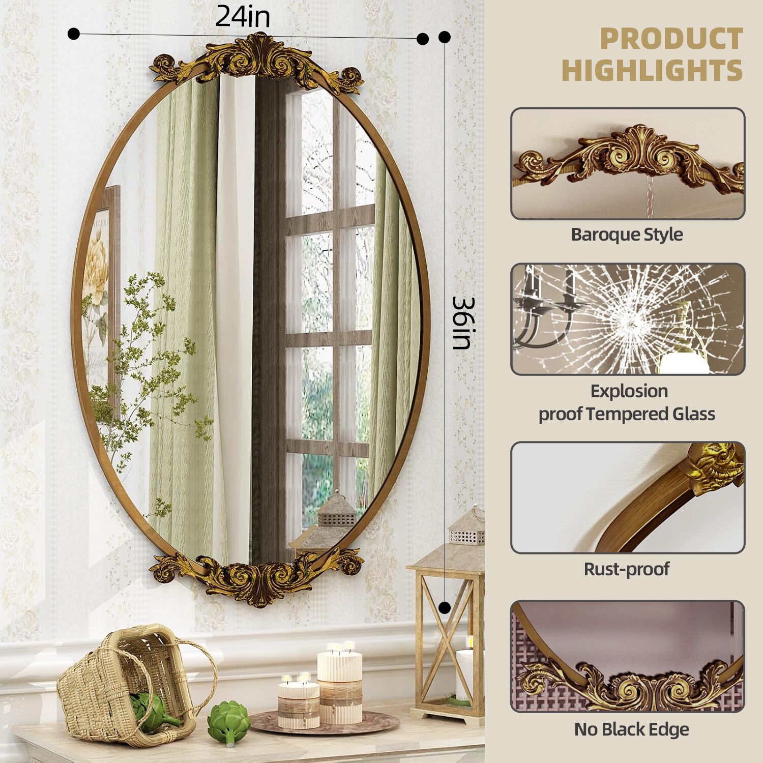 YQP 36x24 Inch Baroque Design Oval Accent Antiqued Wall Mirror with ...