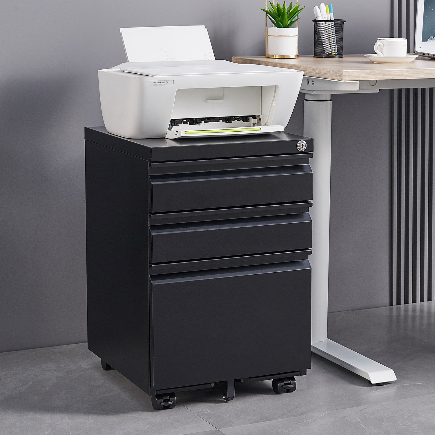 Vynxaria 3 Drawer Mobile File Cabinet with Lock Black Metal Office ...