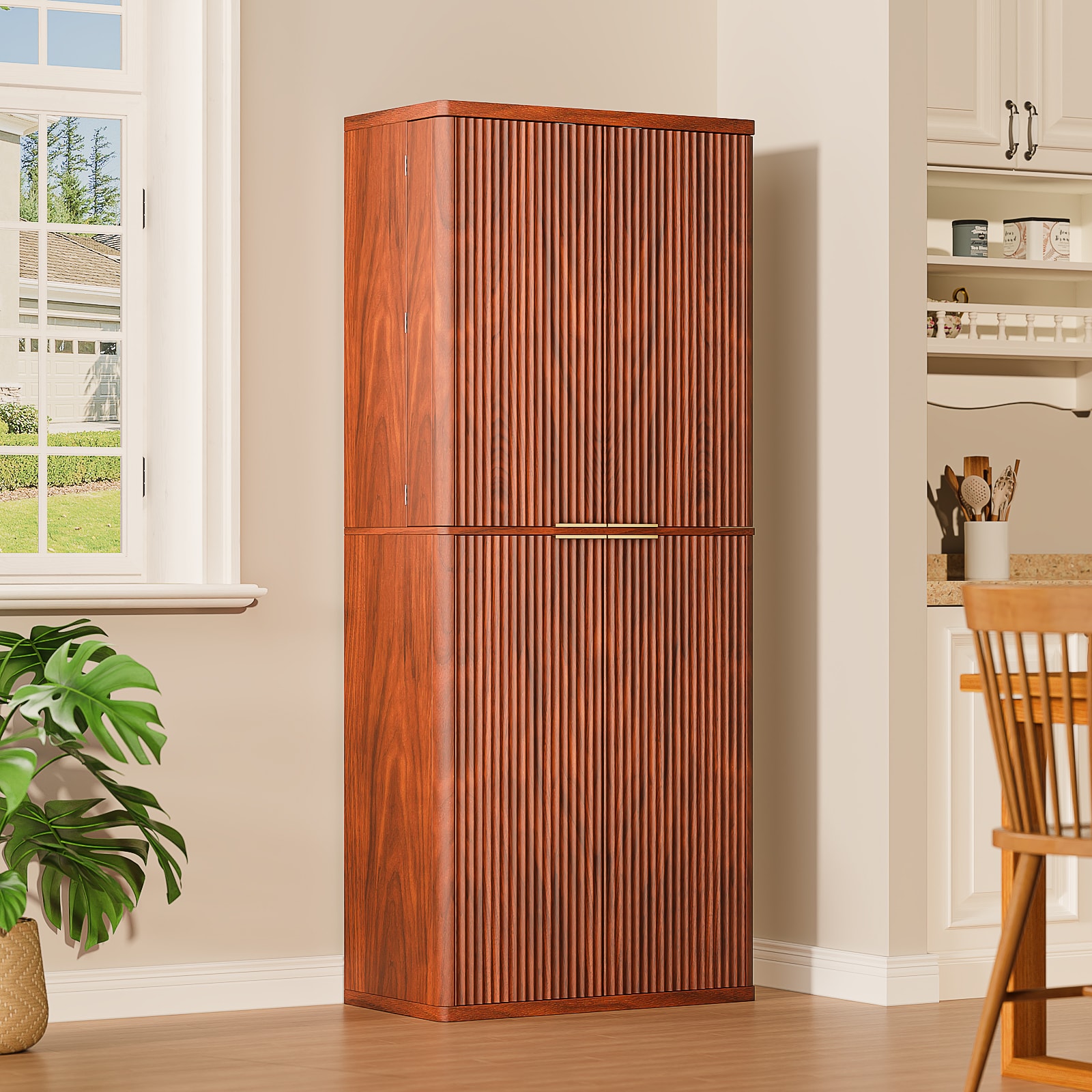GDFStudio Modern 72 Inch Tall Fluted Wood Kitchen Pantry Storage ...