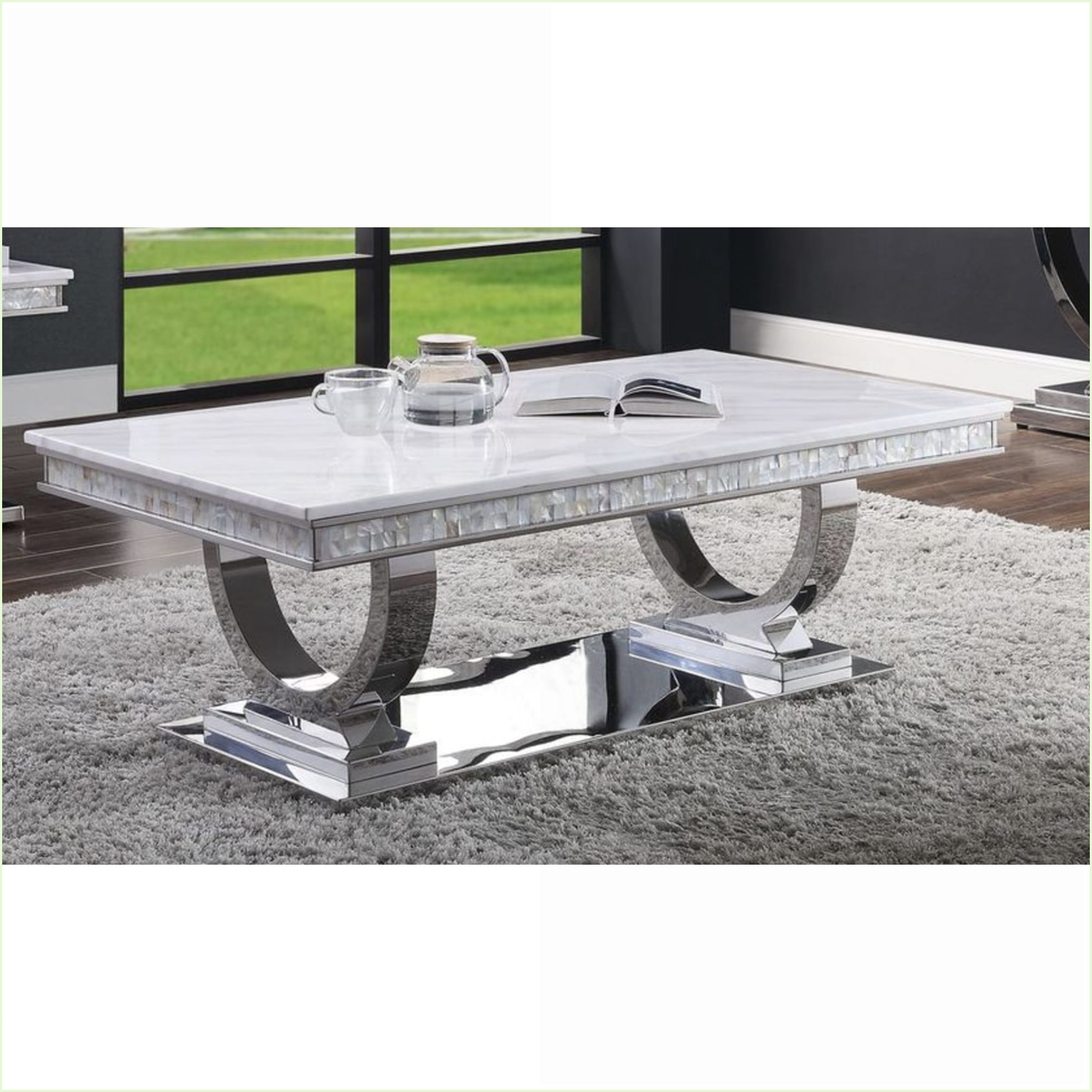 Watnature White Marble Top Coffee Table with Silver Mirrored Frame 18mm ...