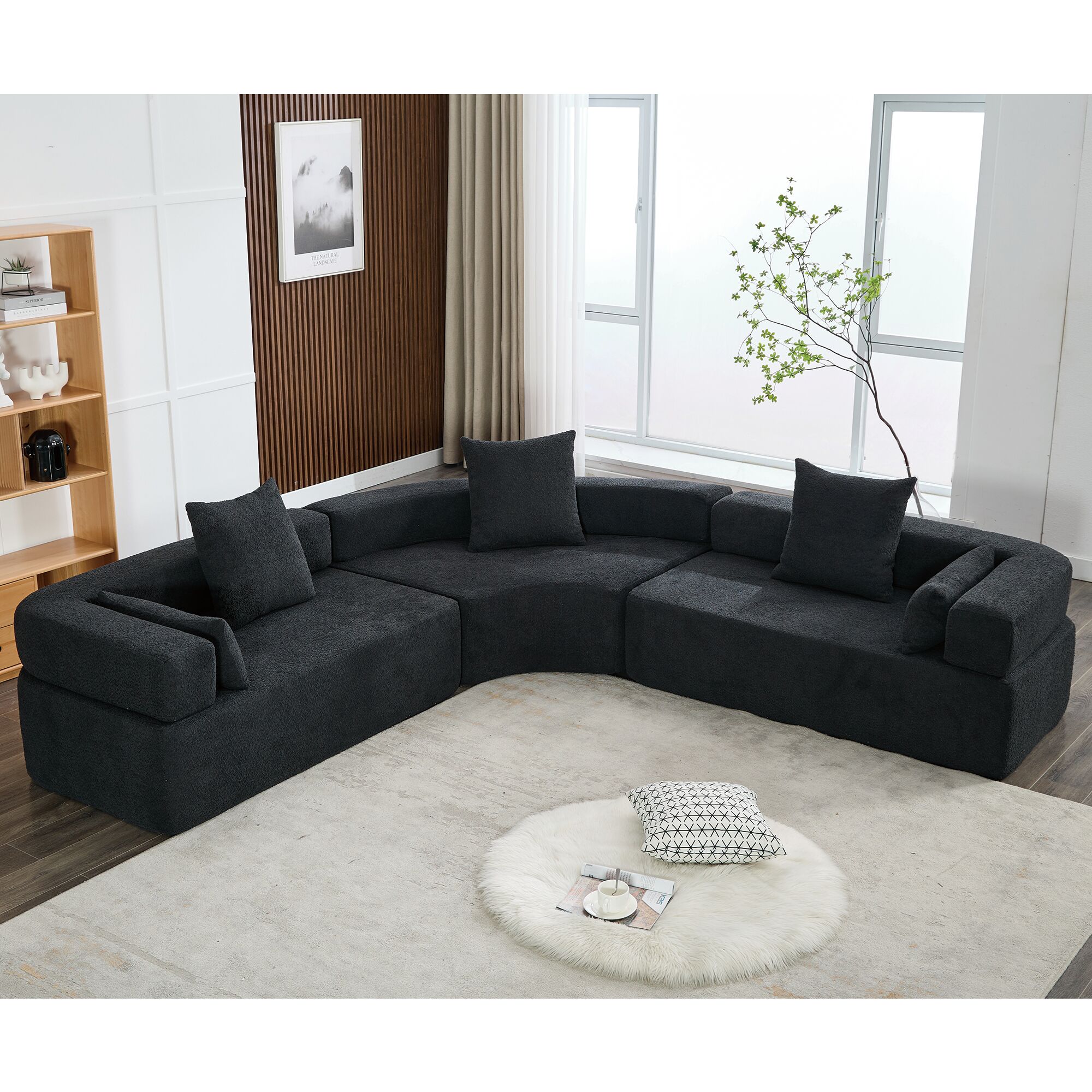 LOVMOR 4 Seat 111inch Modular Compressed Sofa Corduroy Black Couch with ...