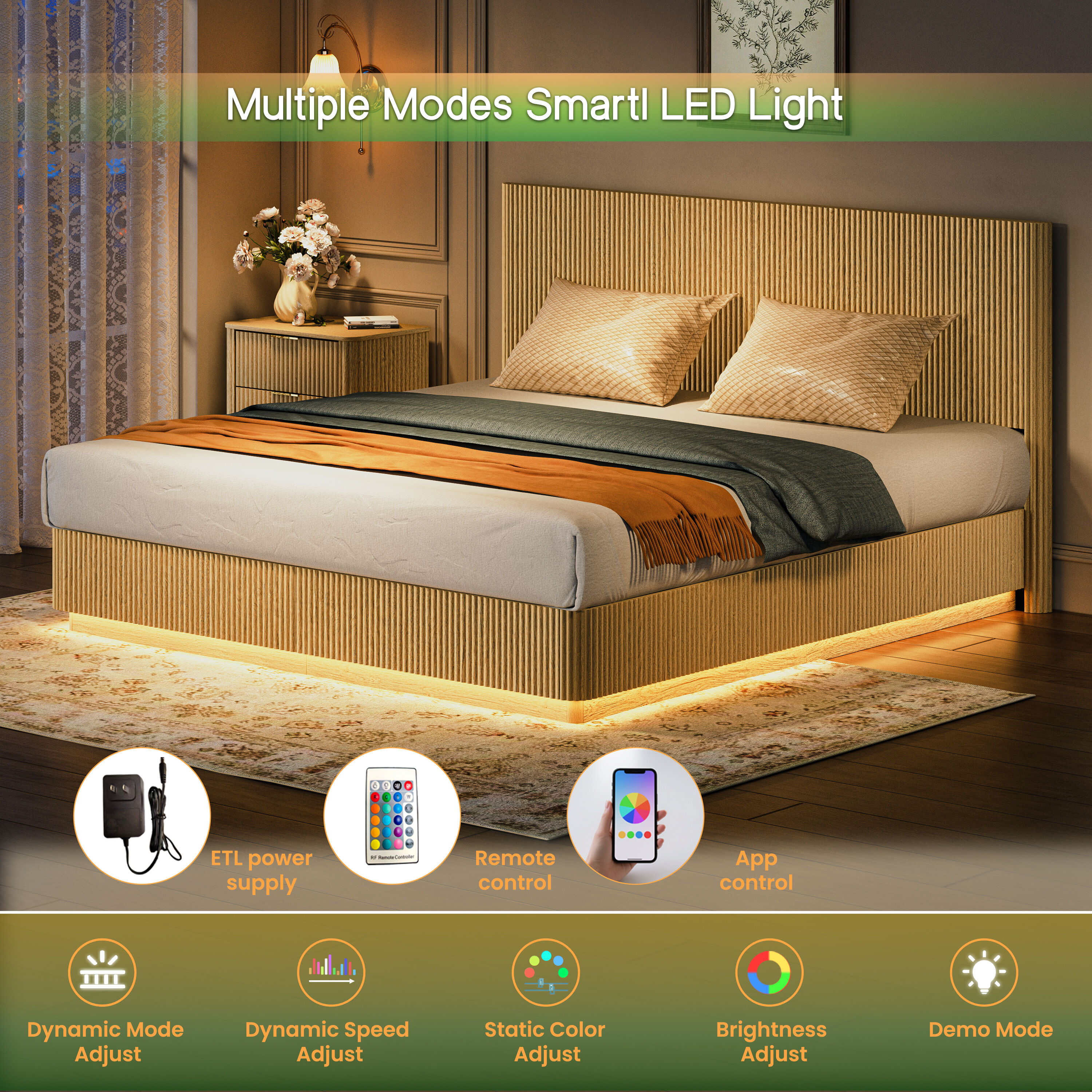 LUXEYARD Kind Size Bed Frame with LED Lights Modern Wooden Corrugated ...