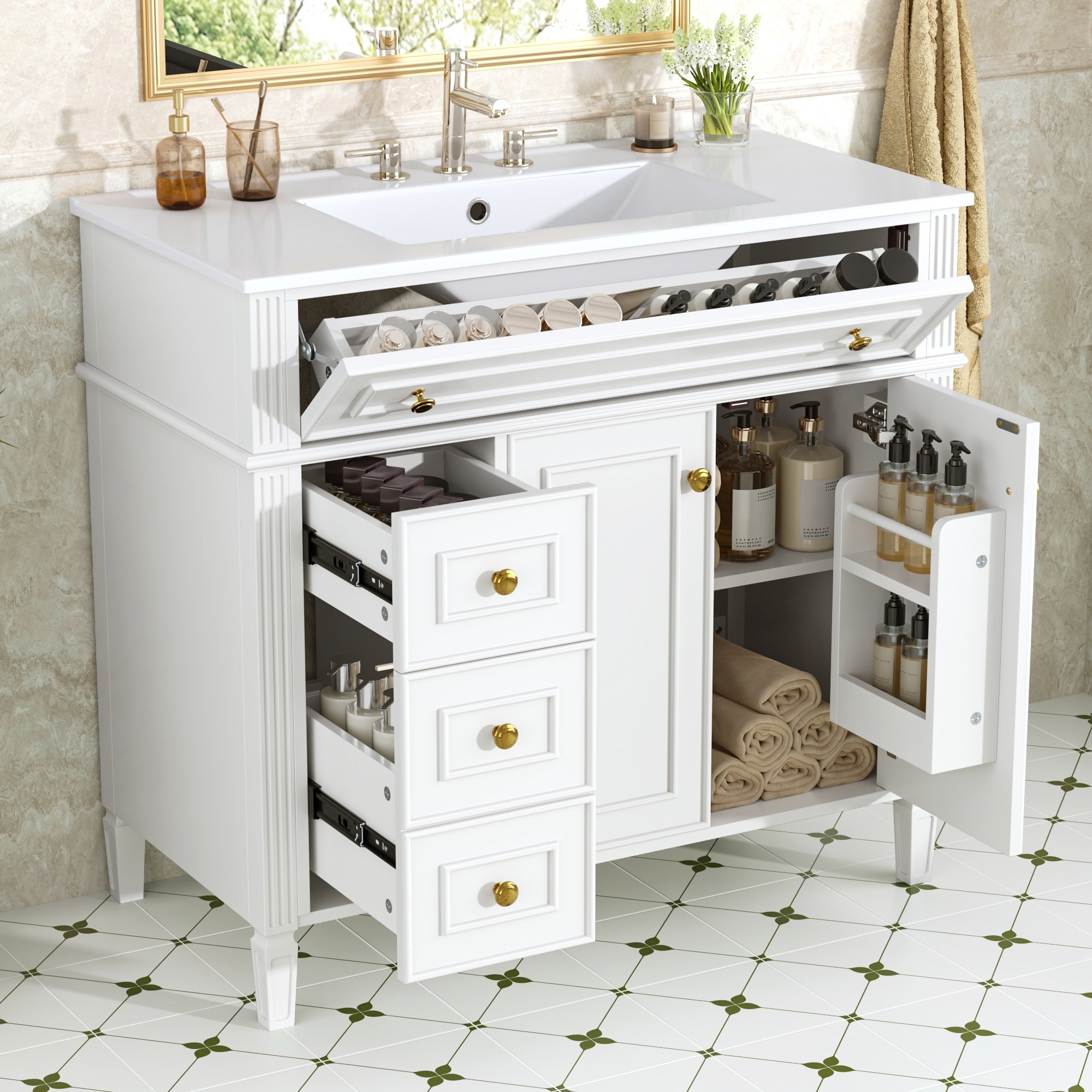LIVACA 36 inch White Solid Wood Bathroom Vanity with Sink with Flip-Out ...