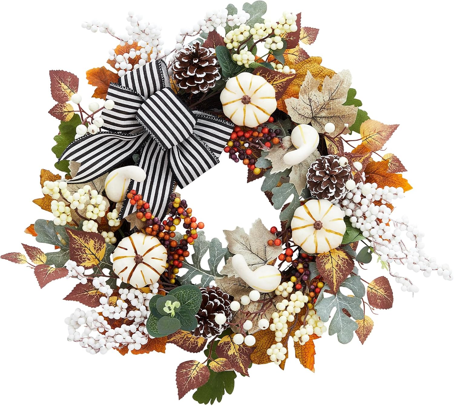 Garvee 20-in Orange White Fall Wreath with Maple Leaves Pumpkins Stripe ...
