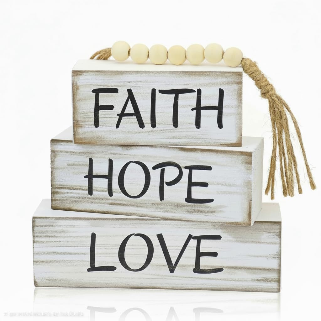 HTQXS 4 pcs Rustic Wooden Stacked Blocks Faith Hope Love Signs Wood ...