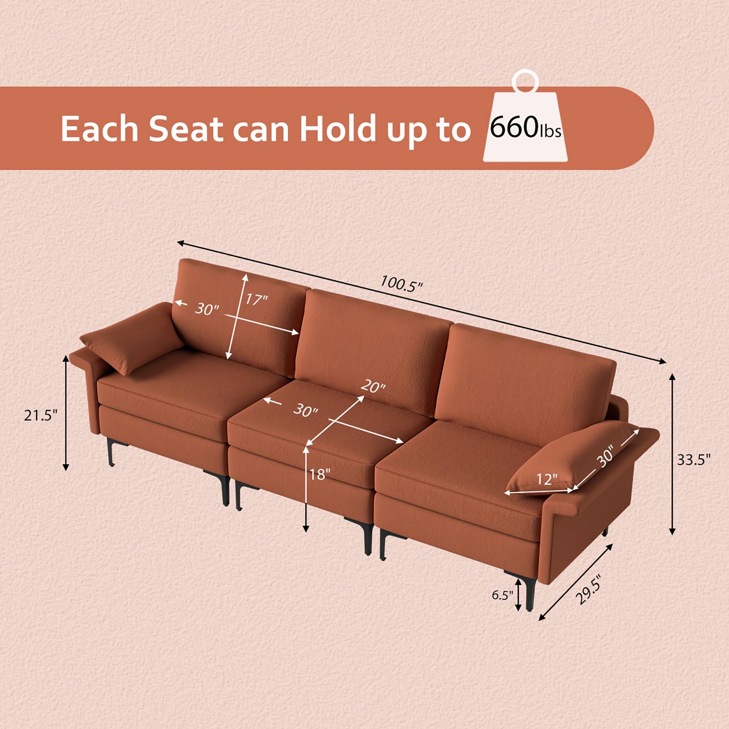 Costway Modern Modular Fabric 3-Seat Sofa Couch with Socket USB Ports ...