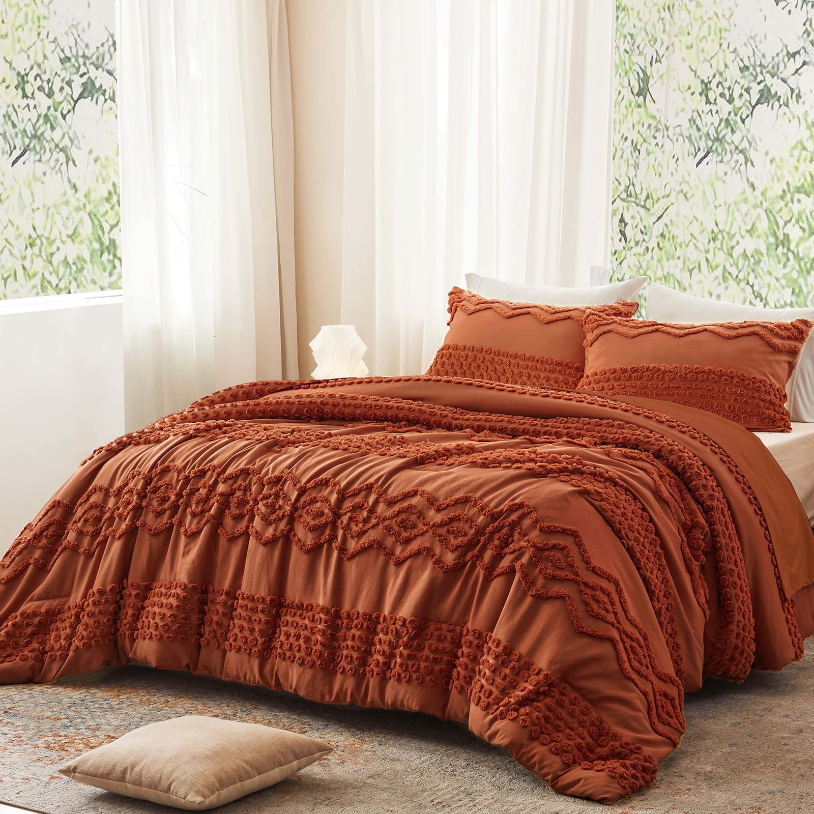 OMOMMD Terracotta King Terracotta Boho Tufted Comforter Set 3 Pieces ...