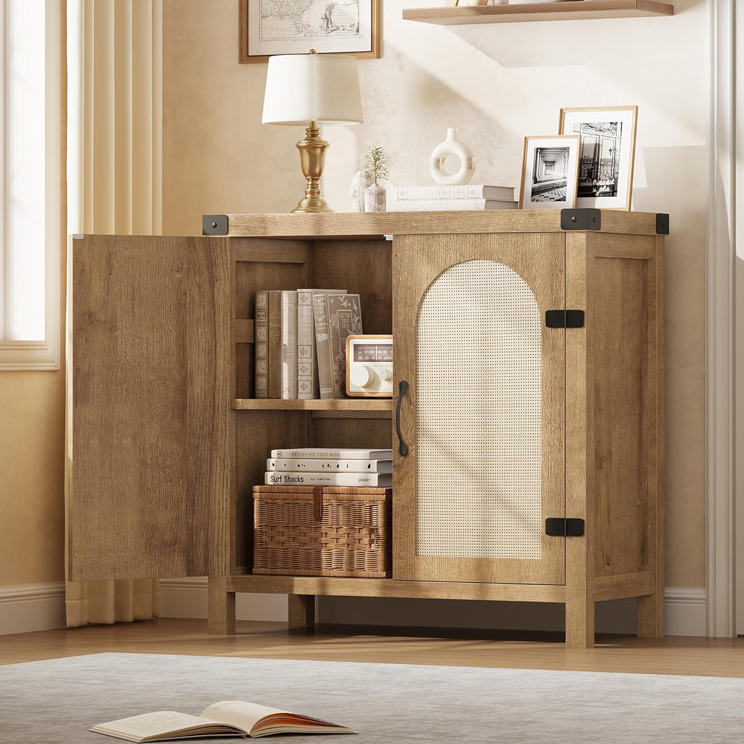 Garvee Small Rattan Buffet Cabinet with Doors and Adjustable Shelves ...