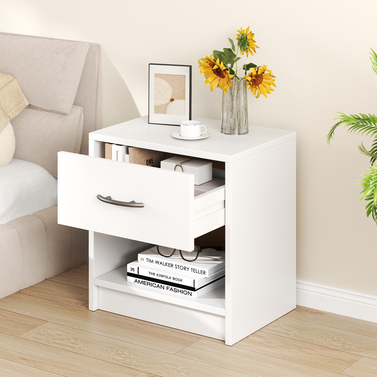 Slickblue Engineered Wood Nightstand with Drawer and Open Shelf for ...