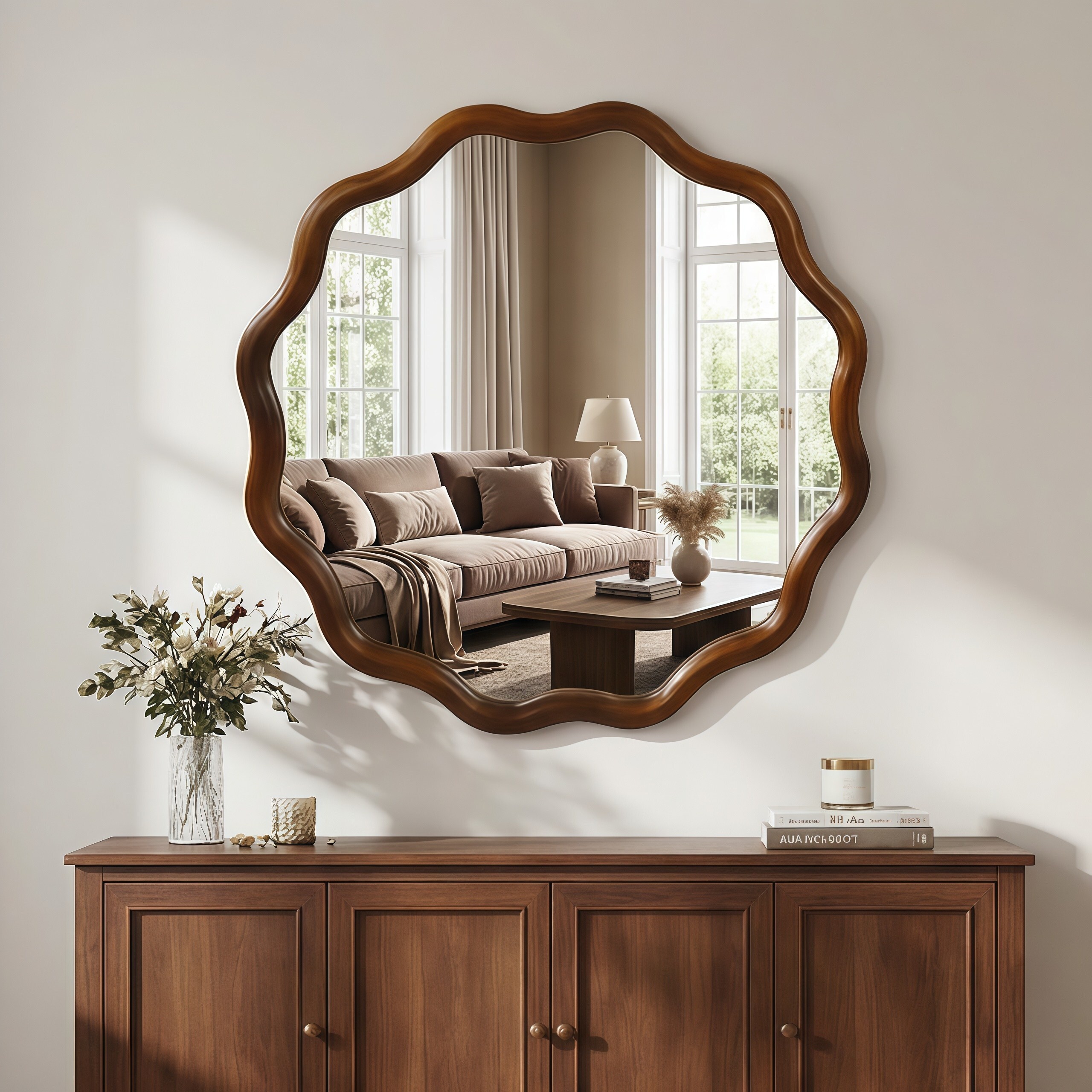 LIVACA 24 inch Black Walnut Color Solid Wood Frame Wavy Round ...