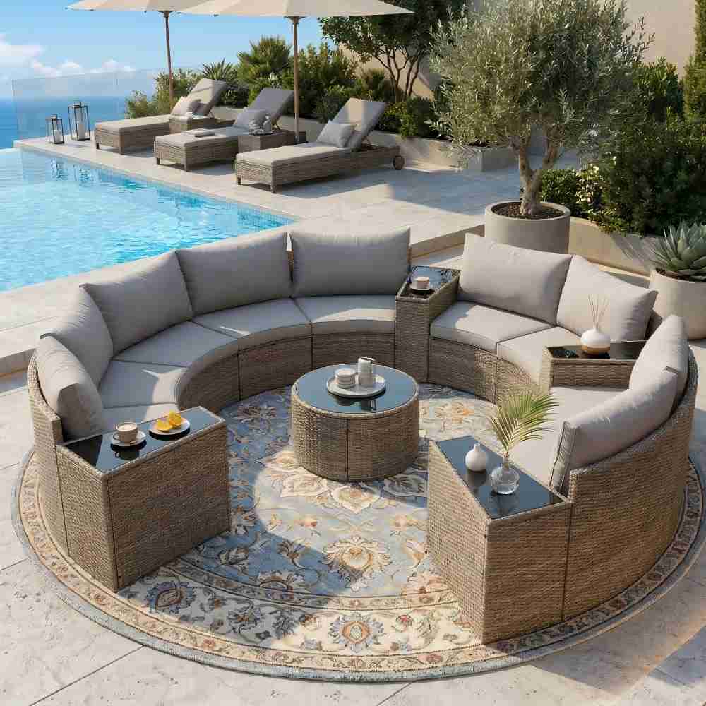 Coolbibila 8-Seat Half Moon Sectional Sofa Set with Console Tables PE ...