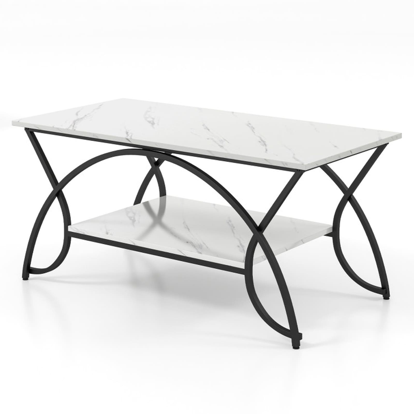 SUGIFT 2-Tier Faux Marble Coffee Table with Metal Frame - Modern White ...