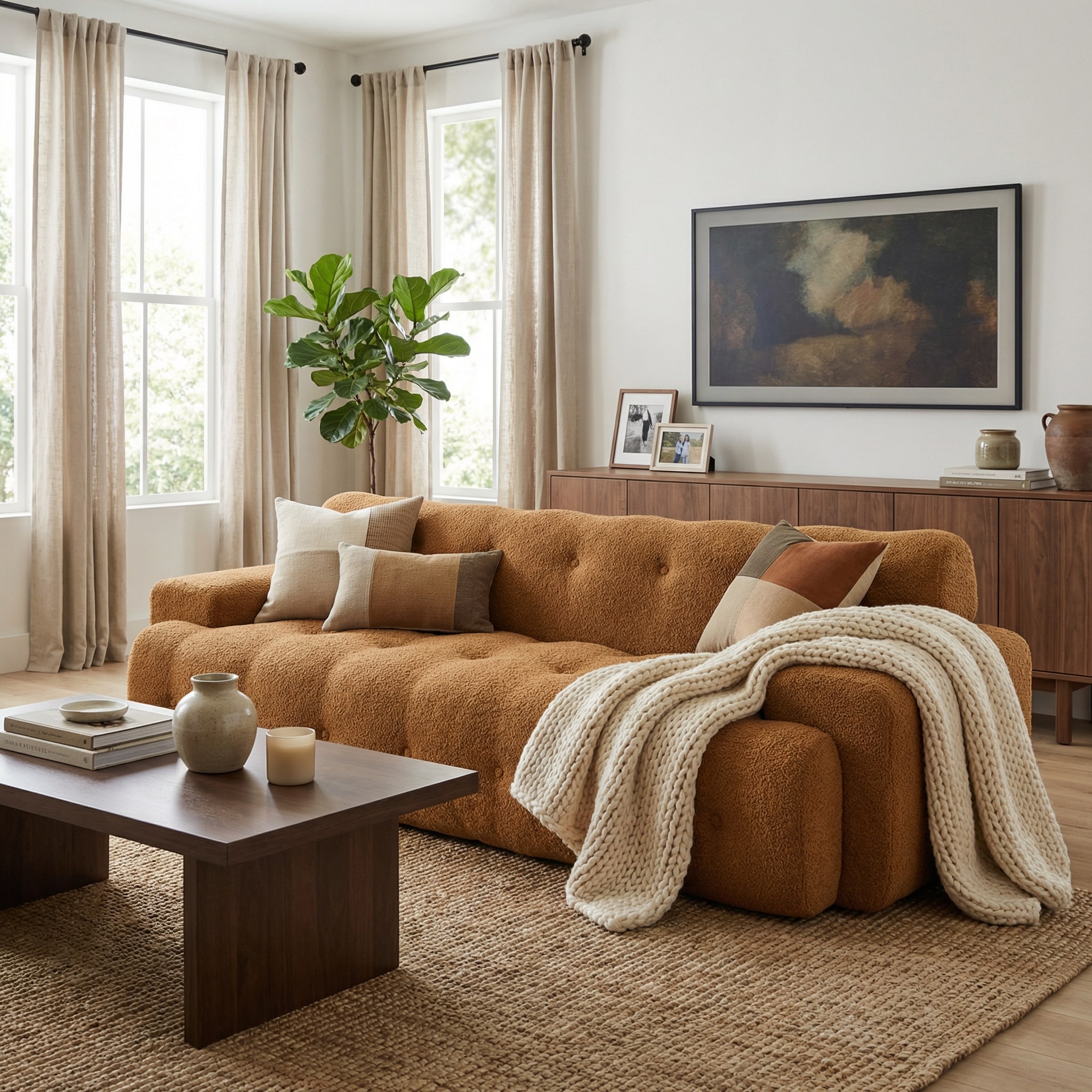 LOVMOR 3 Seat Tufted Compressed Sofa Boucle Camel Couch for Living Room ...