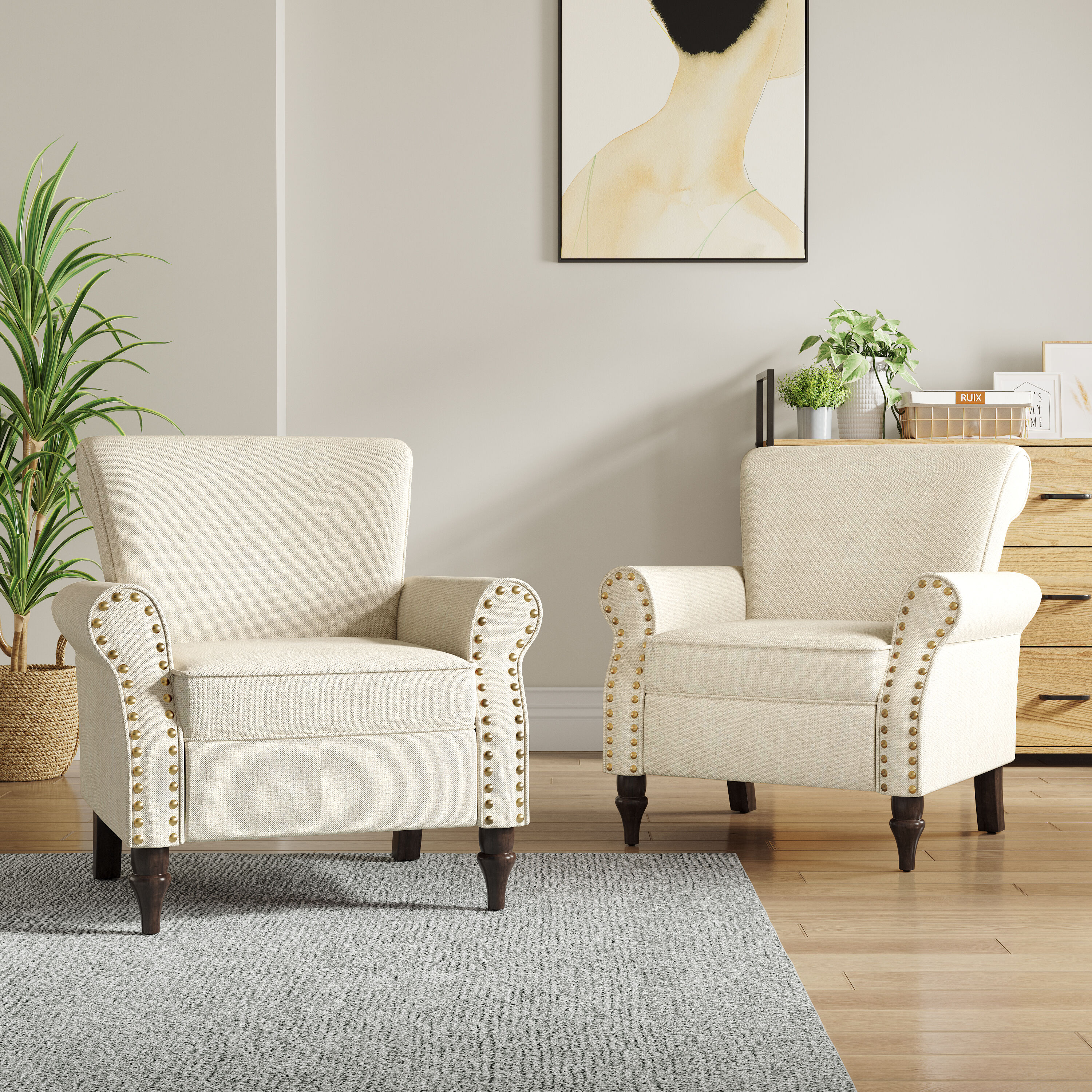 Dreamsidea Cotton Linen Nailhead Trim Wooden Accent Armchair Beige in ...