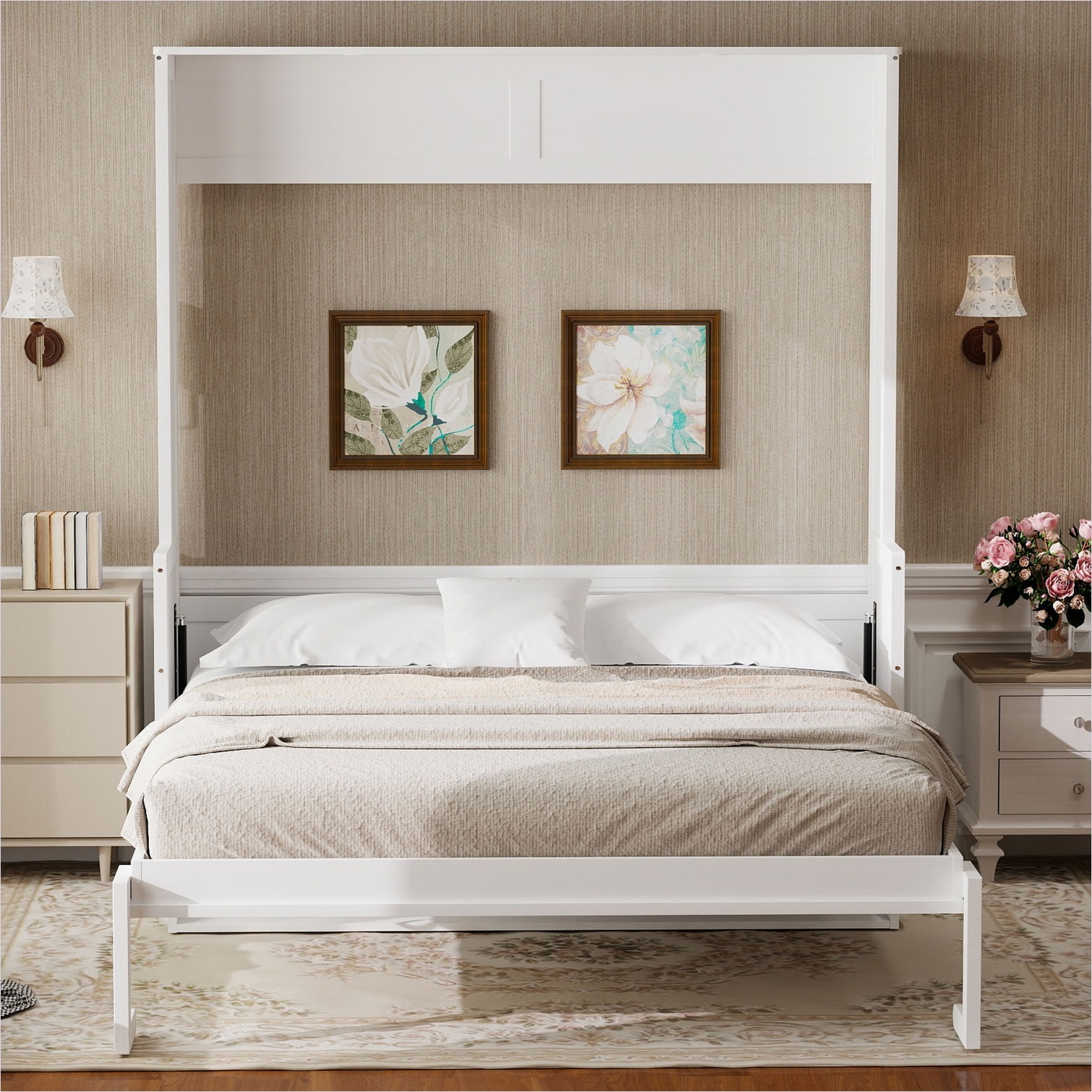 Watnature Queen Murphy Bed with Fold-Out Desk LED USB Clean White MDF ...
