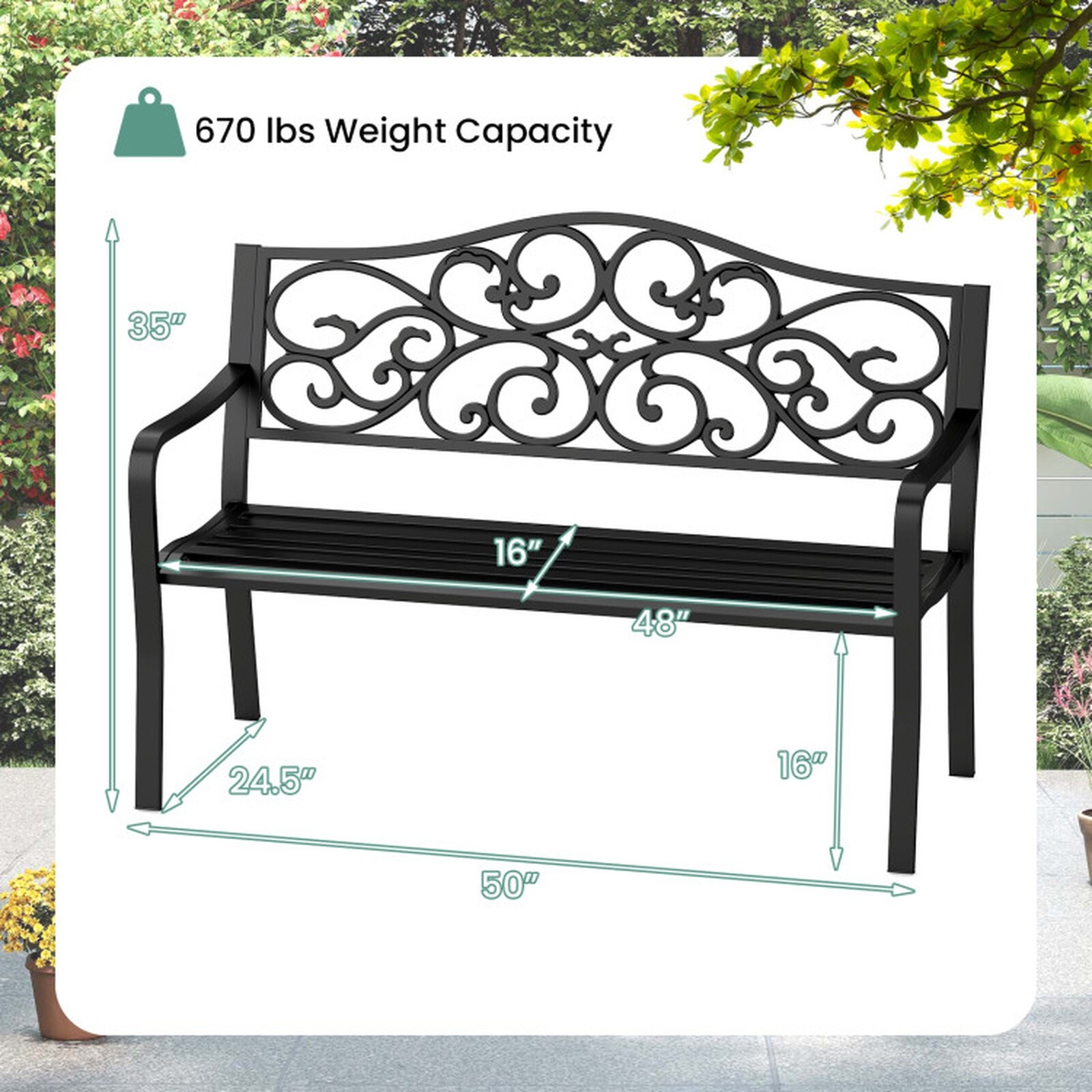 SUGIFT 50-in Outdoor Cast Iron Metal Patio Bench with Floral Design ...