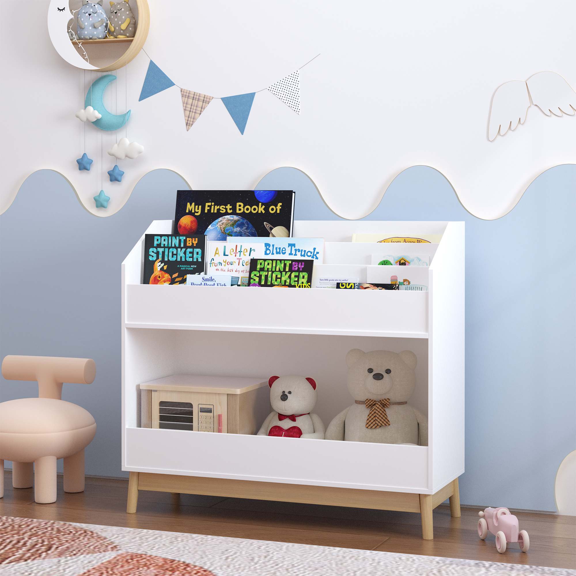 Vynxaria White Toddler Book Display Shelf Wooden 3 Tier Storage ...