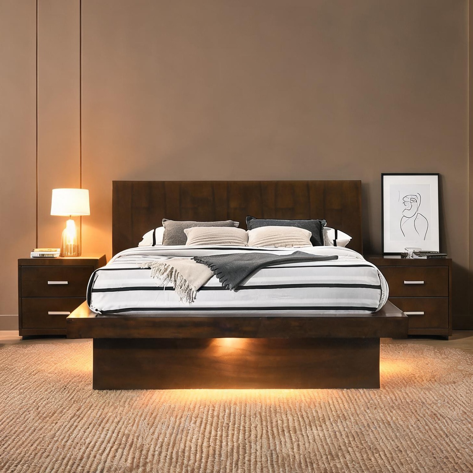 Watnature Queen Panel Bed with LED Lighting Solid Wood and MDF Frame ...