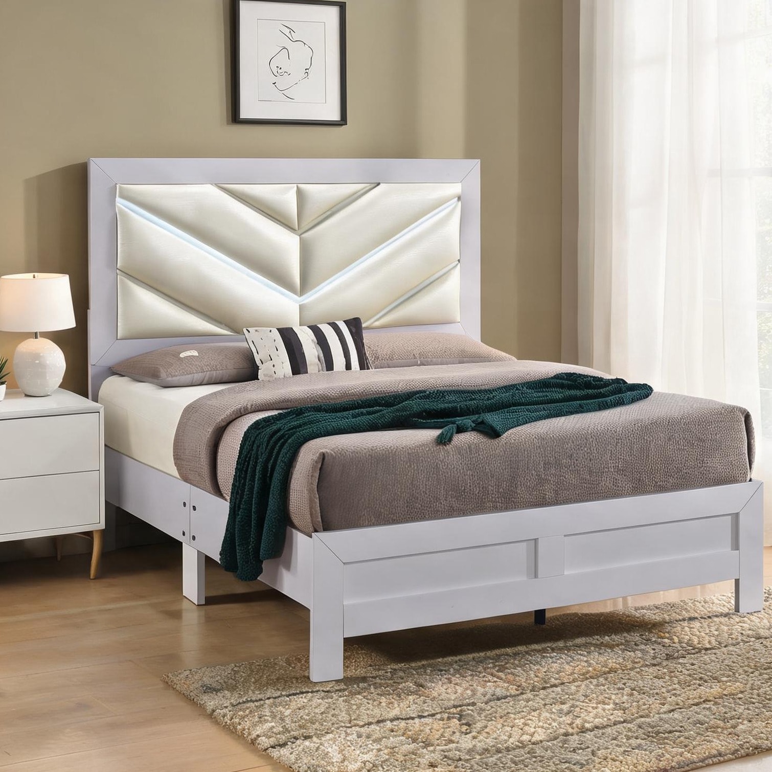 Naturefalls King Bed Frame with Faux Leather Headboard White-Toned Wood ...