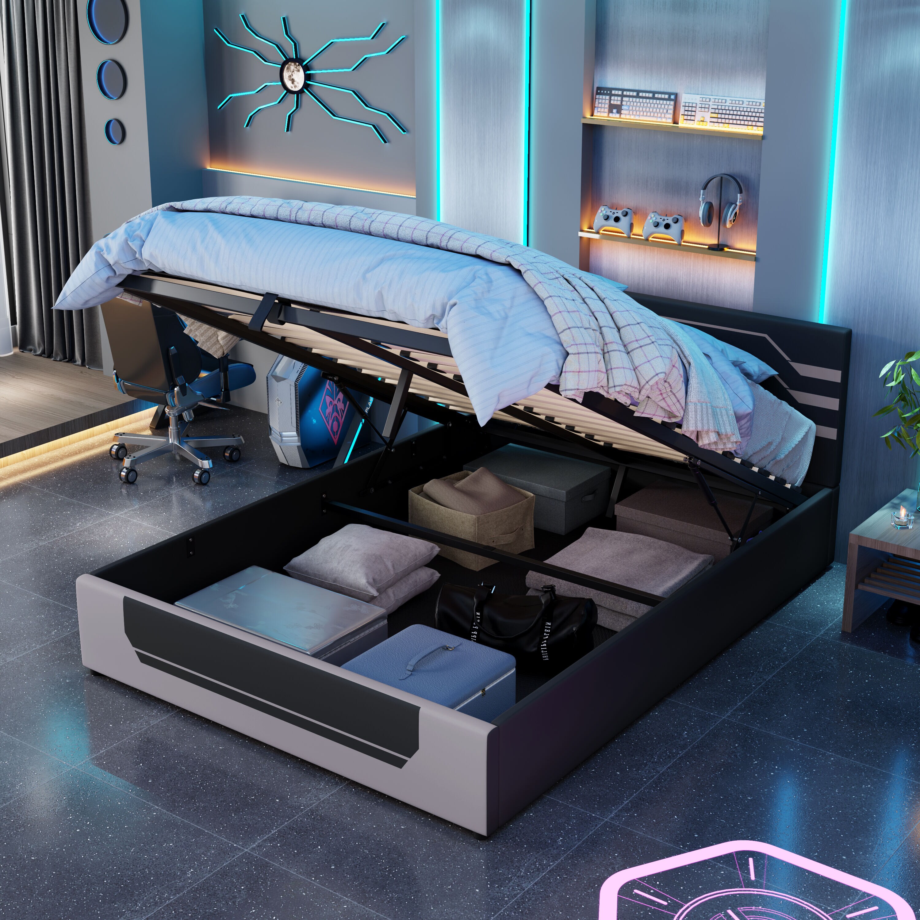 GDFStudio Queen Size Hydraulic Storage Gaming Bed Frame Esports Design ...