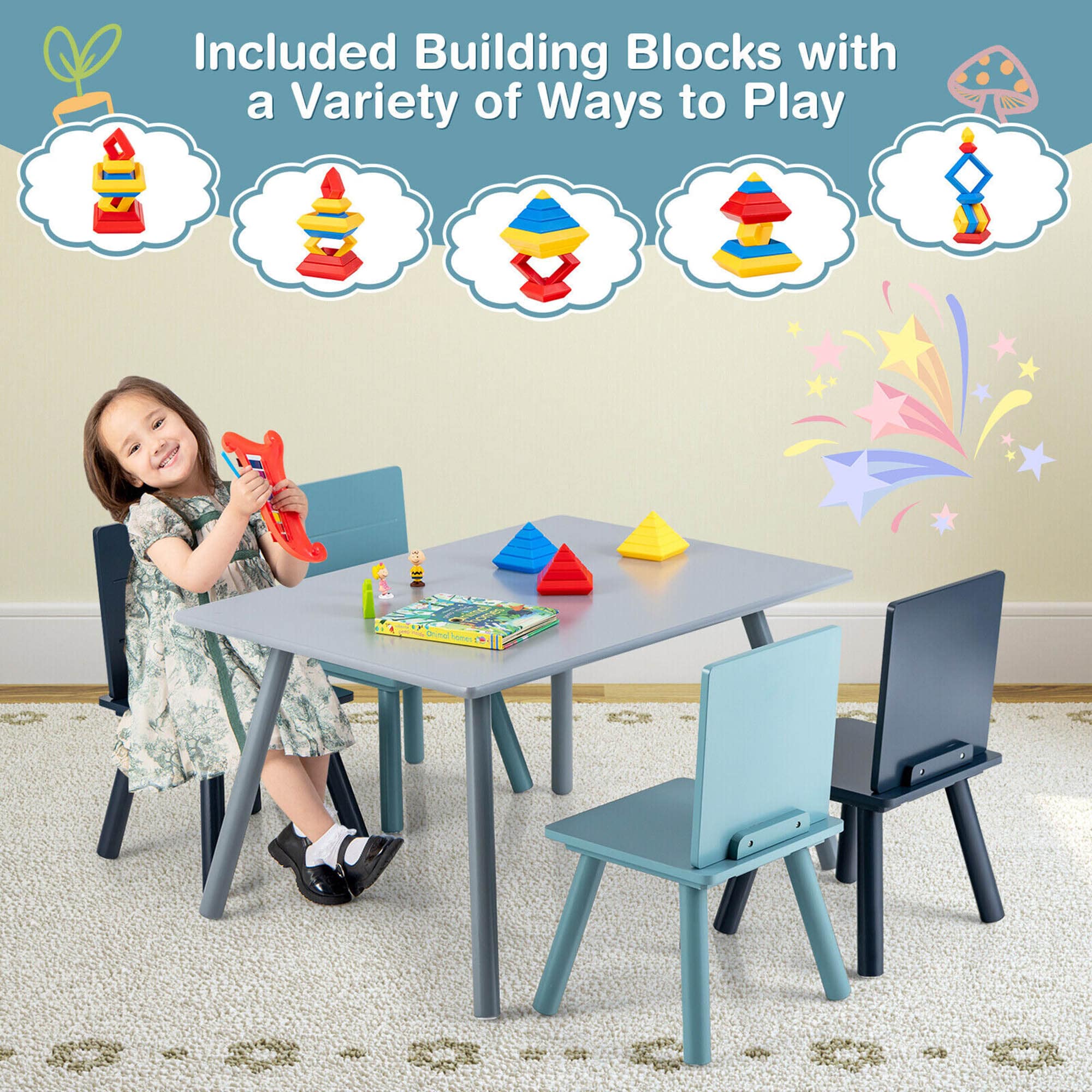 Costway 5 Piece Kids Wooden Activity Table and 4 Chairs Play Set Gift w ...