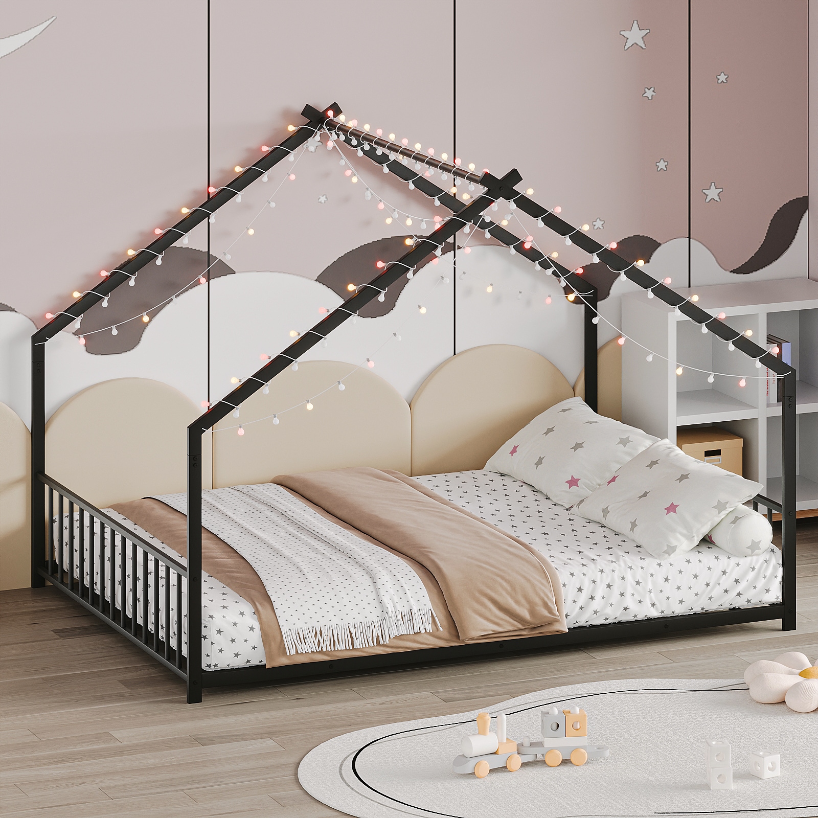 GDFStudio Modern Full Size Metal Roof Shaped Childrens Bed Frame with ...